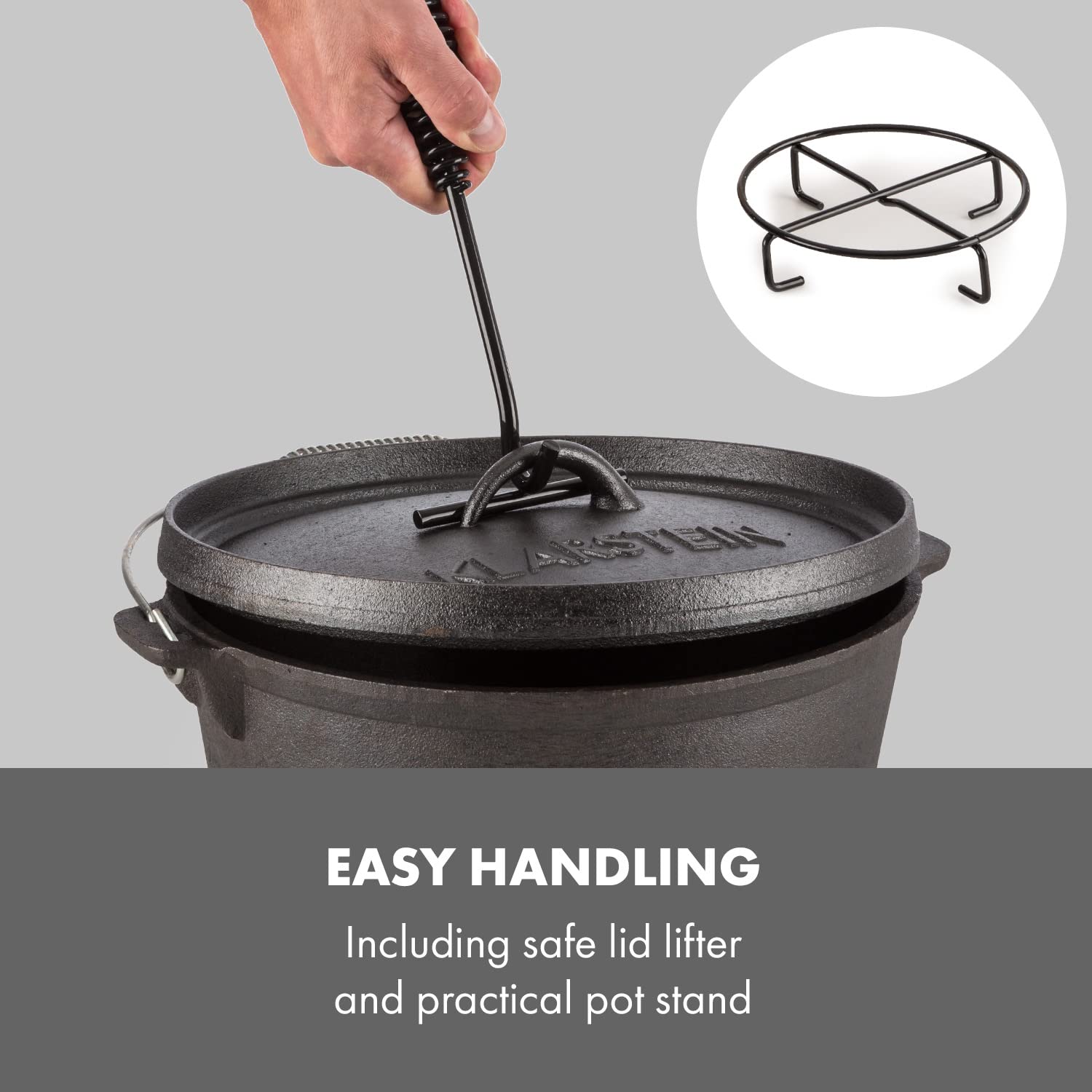 KLARSTEIN Hotrod Masterplan Dutch Oven Set, 7-Piece Cast Iron Pot Set for BBQ, Cooking, Serving, Frying, Baking, Open Fire, Extra-High Lid Rim, Includes Wooden Transport Box, Easy Handling