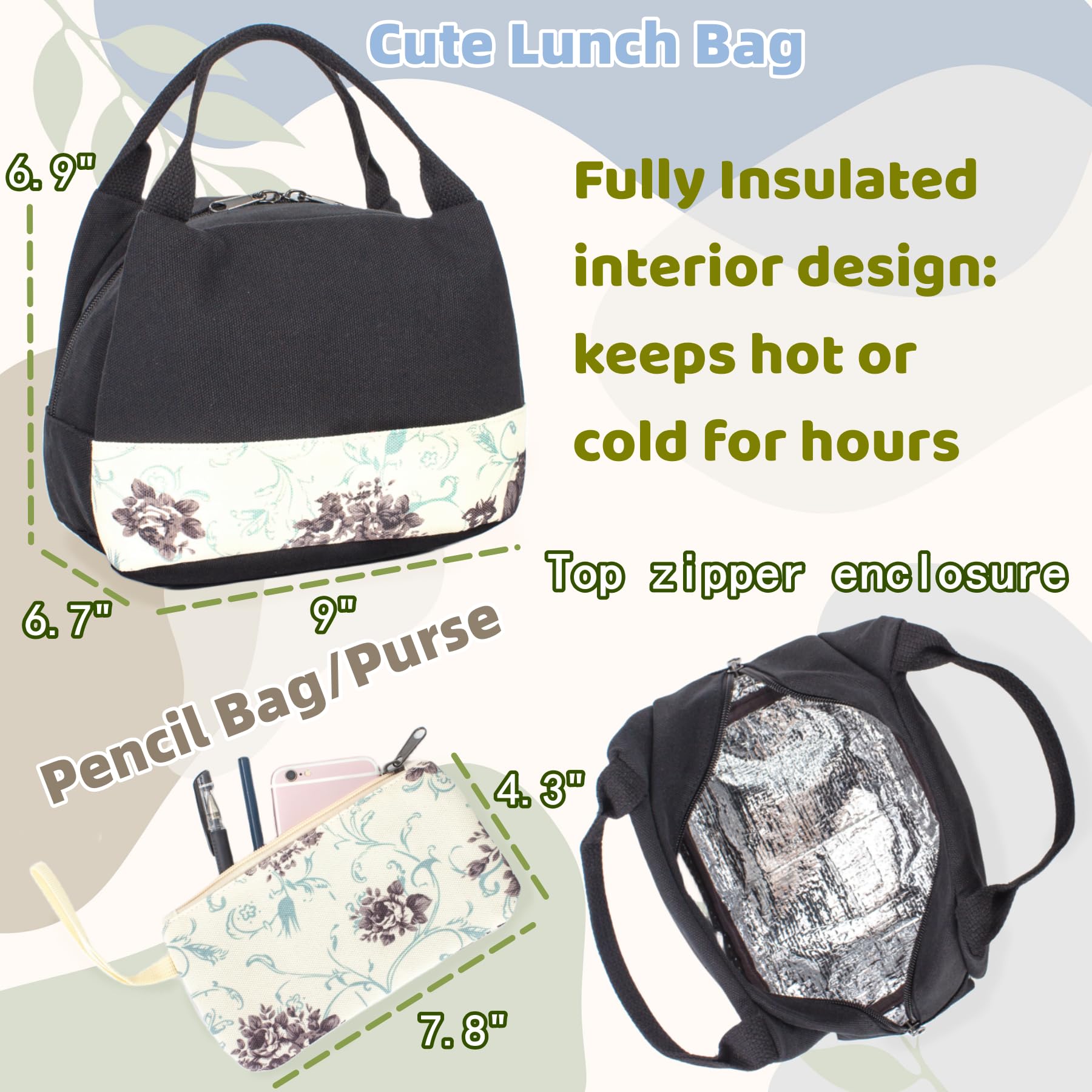 Leaper Floral Canvas Backpack Laptop Bag Daypack Lunch Bag Purse 3 in 1 Black