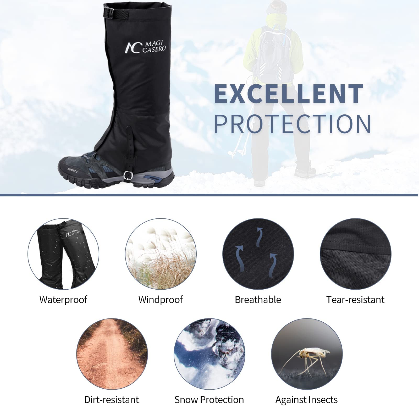 Magi Casero Outdoor Snow Boot Gaiters for Hiking Walking Running, Waterproof Leg Gaiters (X-Large)