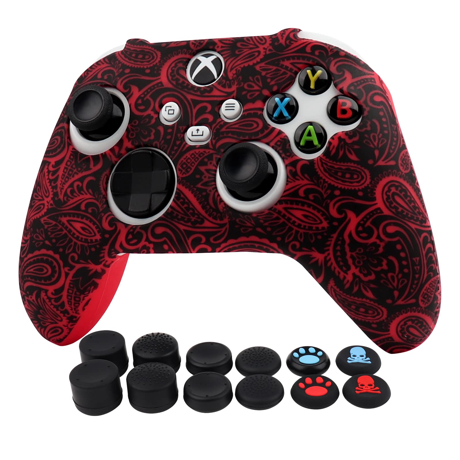 RALAN Water Print Controller Cover Skin Silicone Protector Compatible for Xbox Series S/X Controller (Black Pro Thumb Grip x 8,Cat + Skull Cap Cover Grip x 2)