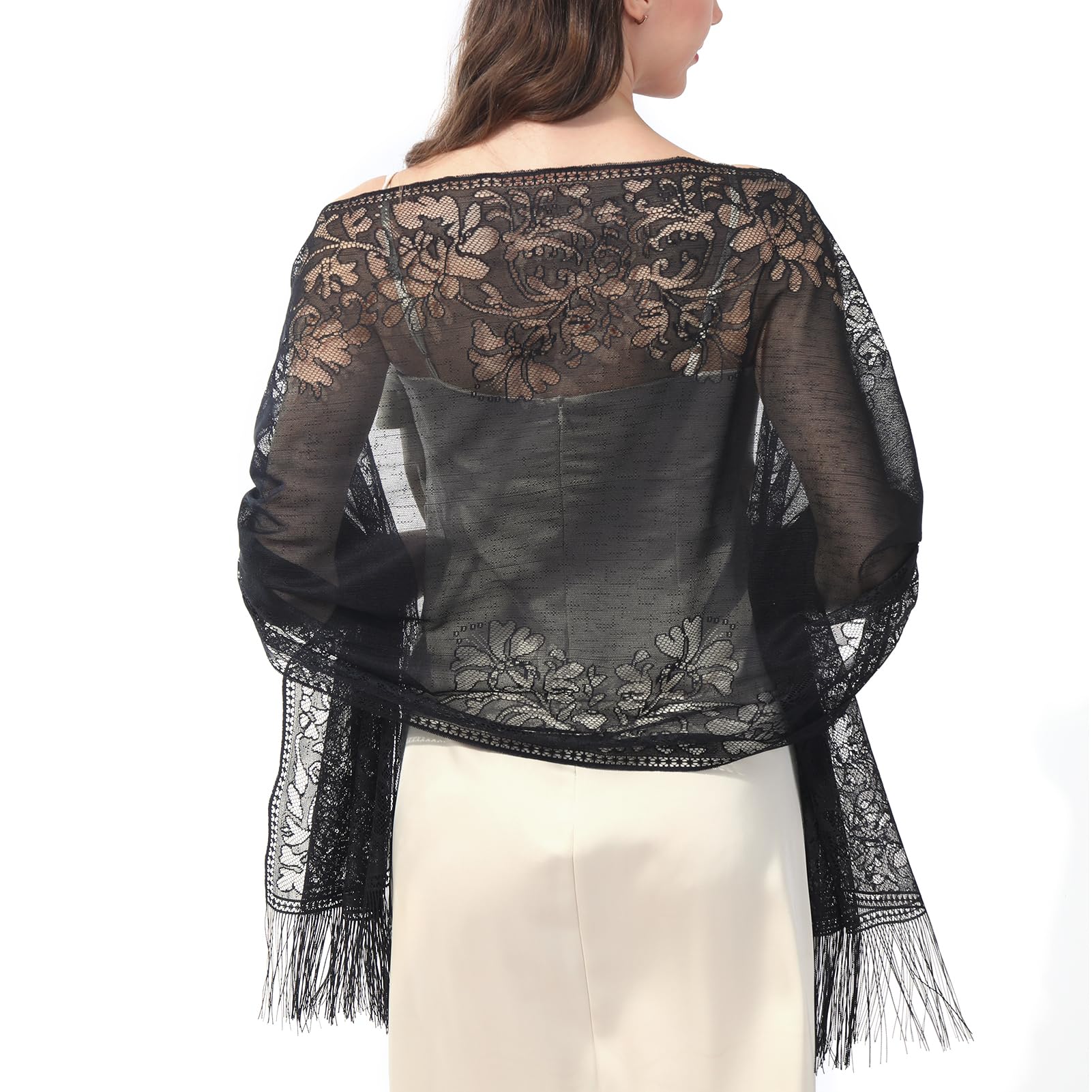 Ladiery Women's Floral Lace Scarf Shawl with Tassels, Soft Mesh Fringe Wraps for Wedding Evening Party Dresses