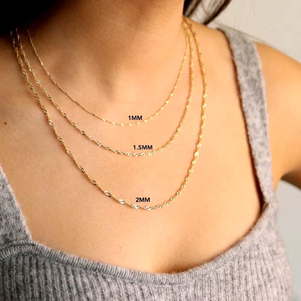 Jewelry Affairs 14k Yellow Real Gold Singapore Chain Necklace, 1.5mm, 18"