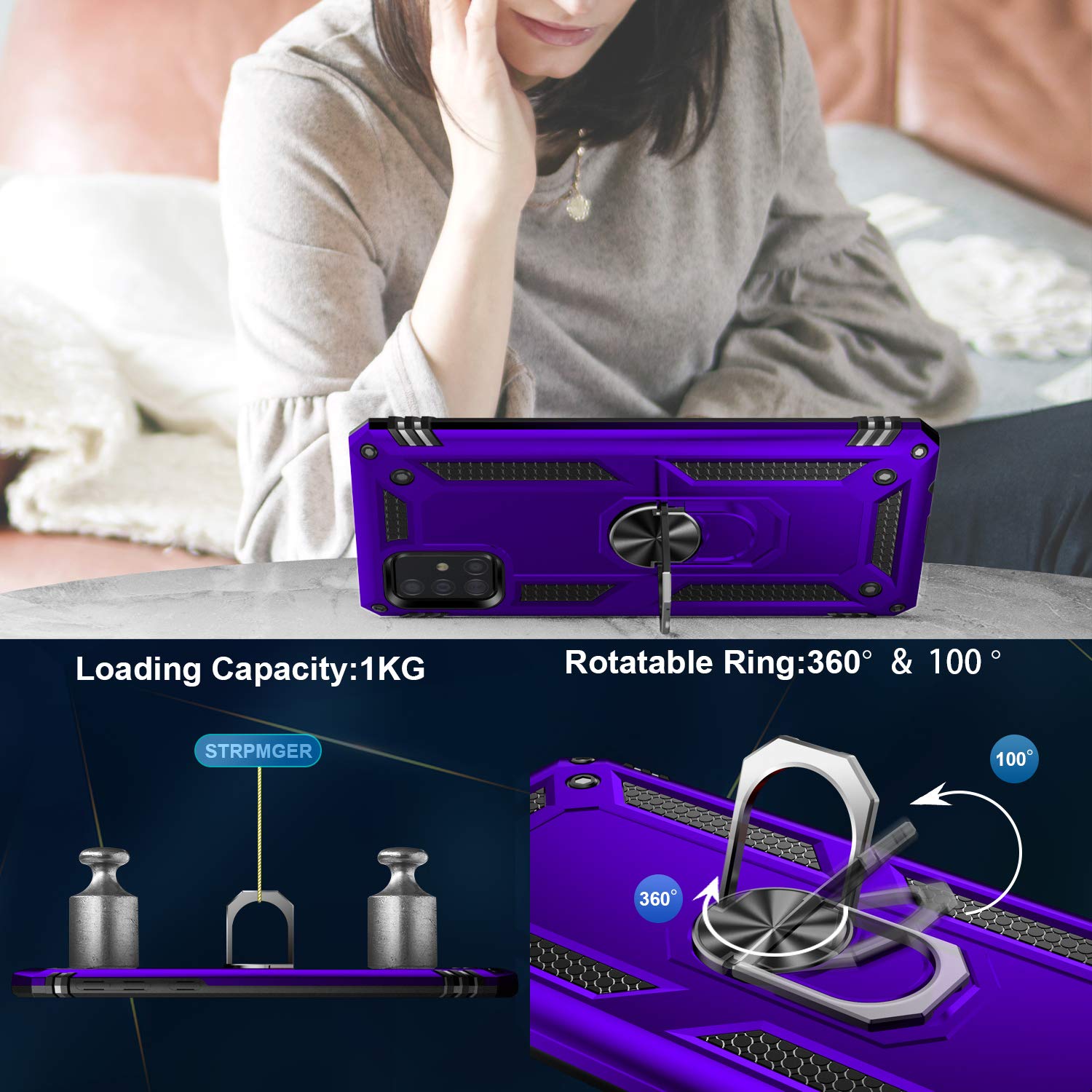 LUMARKE for Galaxy A51 Case with Screen Protector(2 Pack,Pass 16ft Drop Test Military Grade Heavy Duty Cover with Magnetic Kickstand,Protective Phone Case for Samsung Galaxy A51 Purple