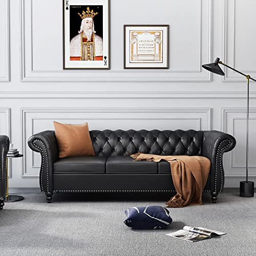 wirrytor Chesterfield Classic Sofa, Modern Leather 3 Seater Sofa, Upholstered Tufted Back Settee Couch with Rolled Arms Nailhead Trim for Living Room Bedroom(Black)
