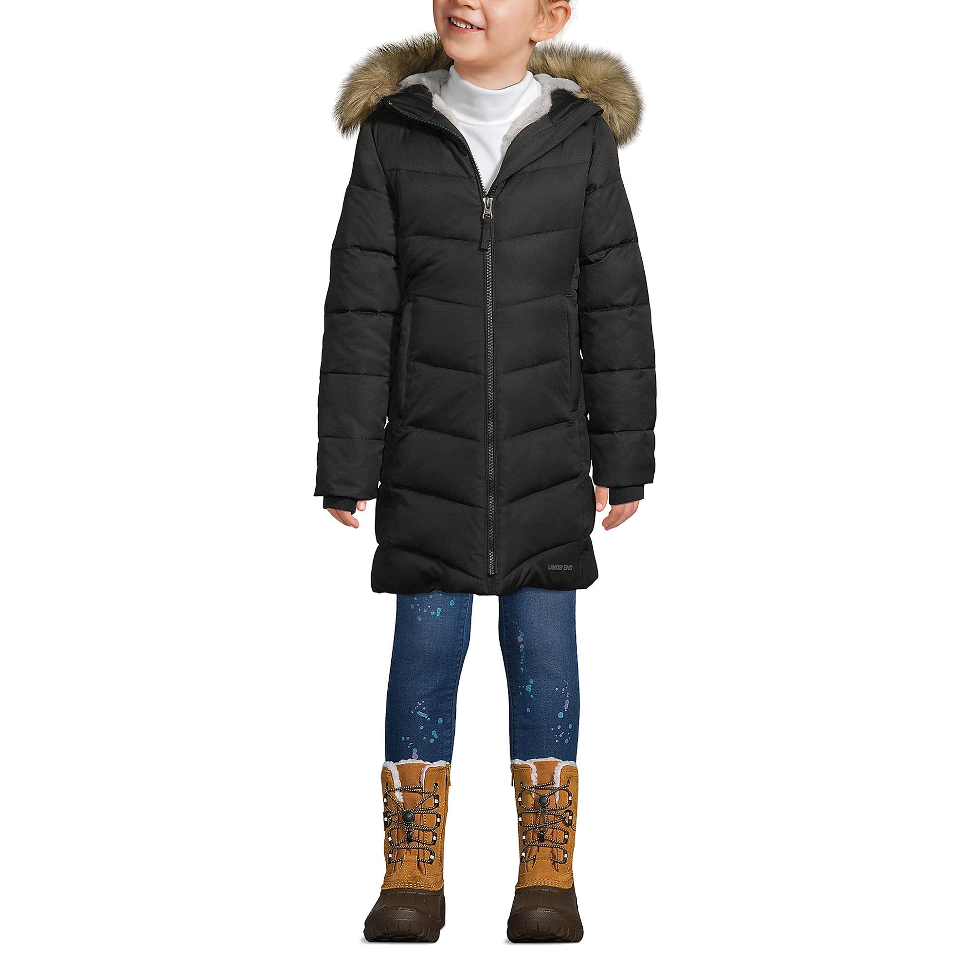 Lands' End Girls ThermoPlume Fleece Lined Coat Black Kids X-Large