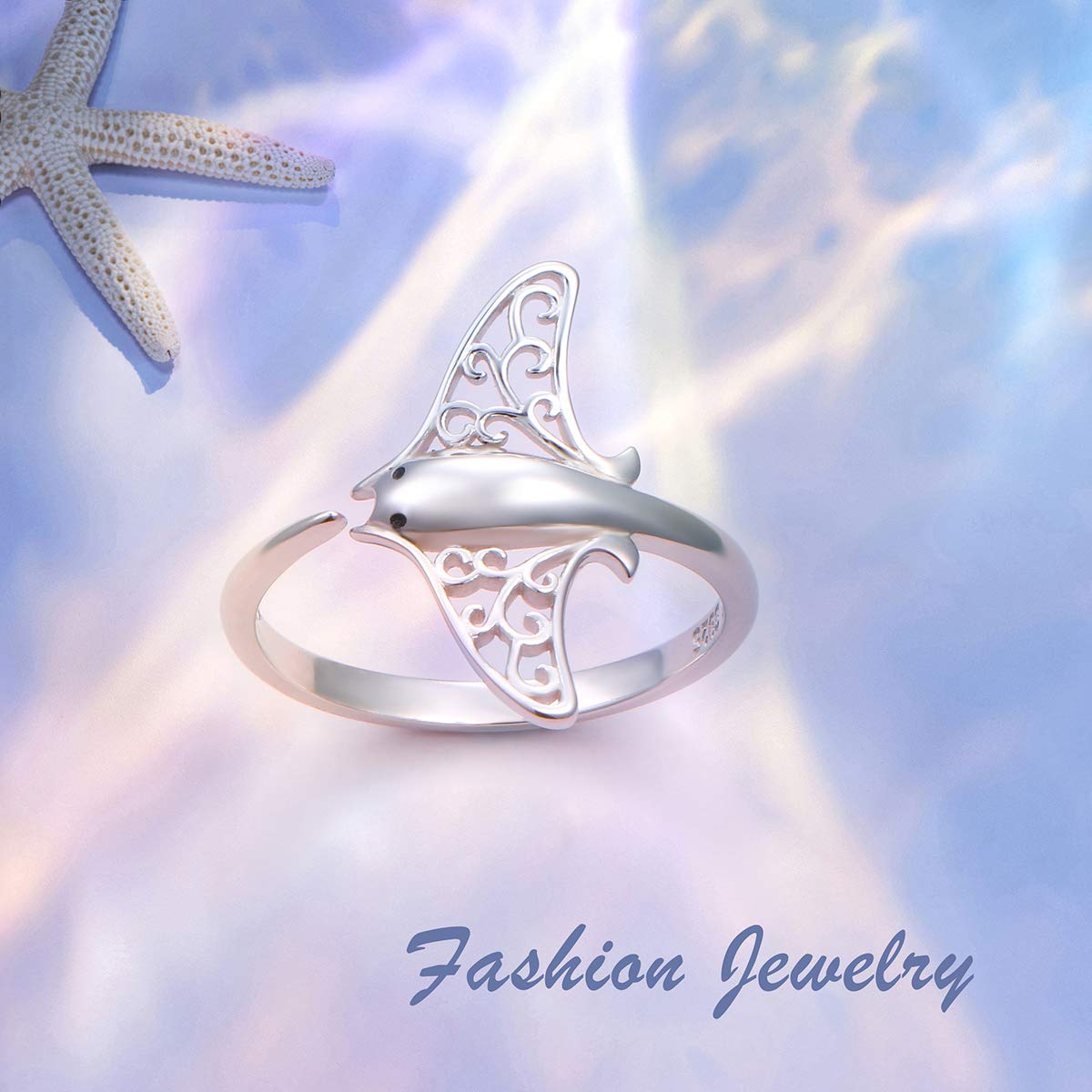 Ladytree S925 Sterling Silver Stingray Sea Animal Open Ring Manta Ray Tree of Life Adjustable Bypass Nature Ocean Ring,Size 7