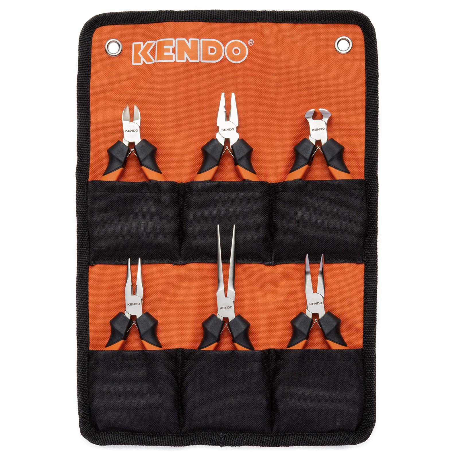 KENDO 6-Pieces Mini Pliers Set, Long Nose, Bent Nose, Diagonal, End Cut, Linesman, Needle Nose Pliers, Spring Loaded Handle, 4.5 Inch, Mechanic, Craftsman Basic Tool Kit, Roll Up Carry Bag Included