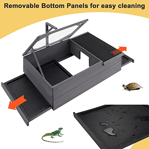 Tortoise House Large Tortoise Habitat Cage, Upgraded Wooden Tortoise Large Box Turtle Habitat Enclosure with Light Support Frame,Trays, Weatherproof Roof, Reptile Cage House for Lizards, Geckos