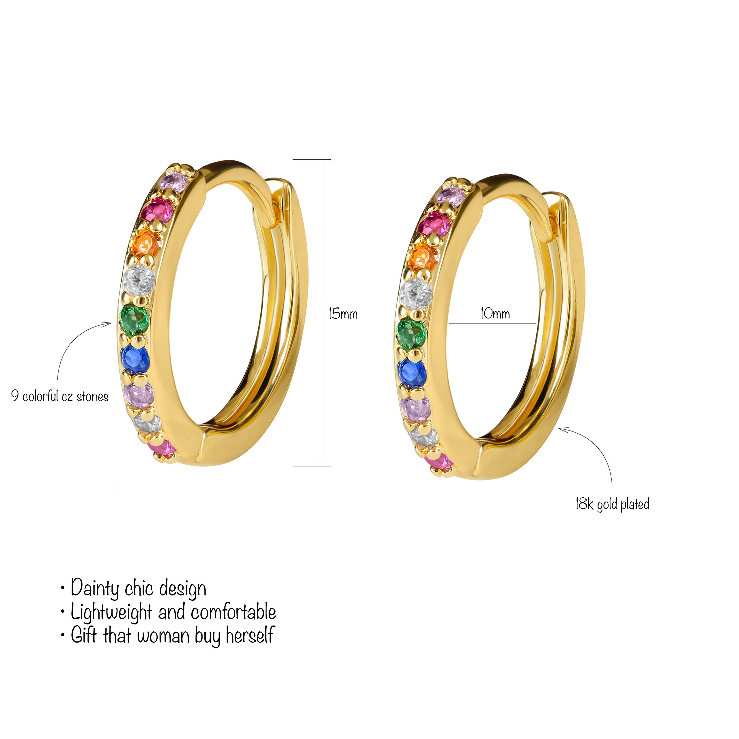 LAVLA Rainbow Pave CZ Gold Hoop Earrings for Women | Small Huggie Earrings for Cartilage, Lobe, Multiple Piercings