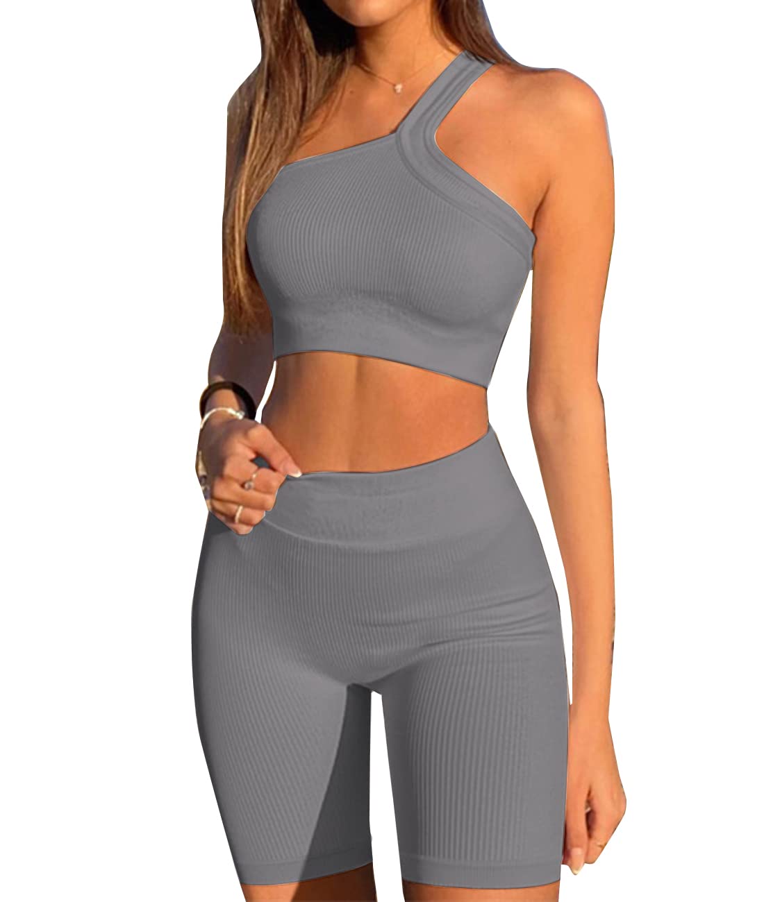Mejialaa Workout Sets for Women 2 Piece Ribbed Seamless One Shoulder Bra Biker Shorts Yoga Gym Active Outfits Grey M