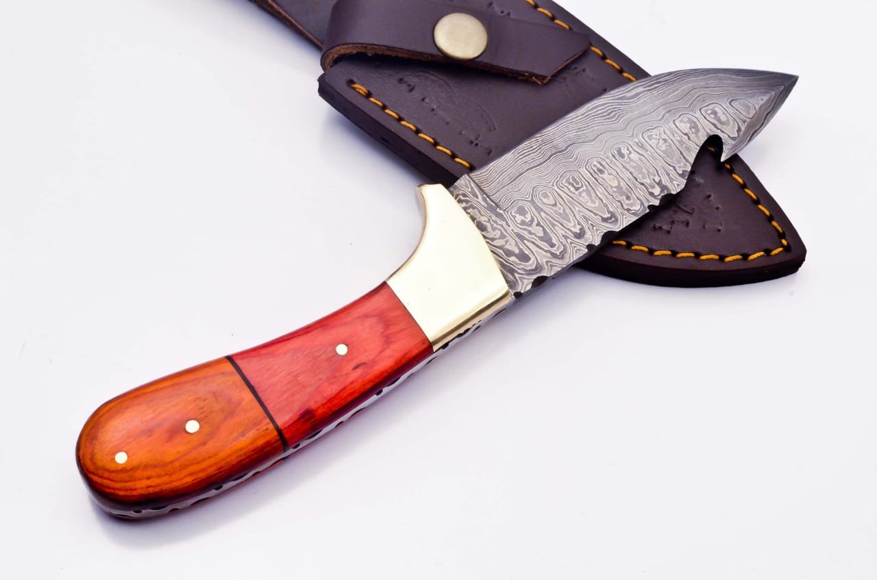 knifehills RARE CUSTOM DAMASCUS GUT HOOK HUNTING SKINNING KNIFE | HARD WOOD HANDLE (H-610)