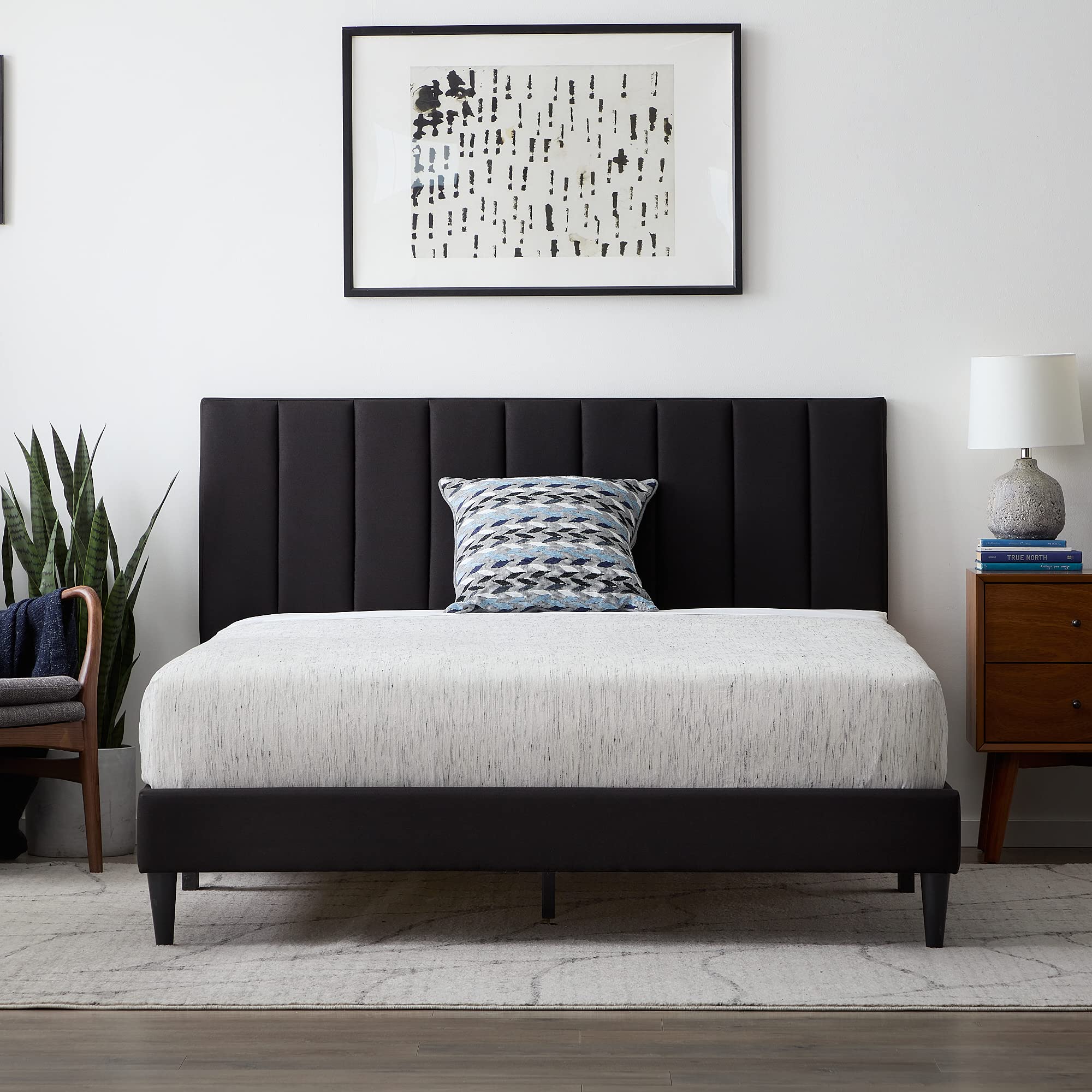 Lucid Twin XL Bedframe with Vertical Channeled Headboard — Upholstered Platform Bed — Easy Assembly — Twin XL Size — No Box Spring Needed — Black Color