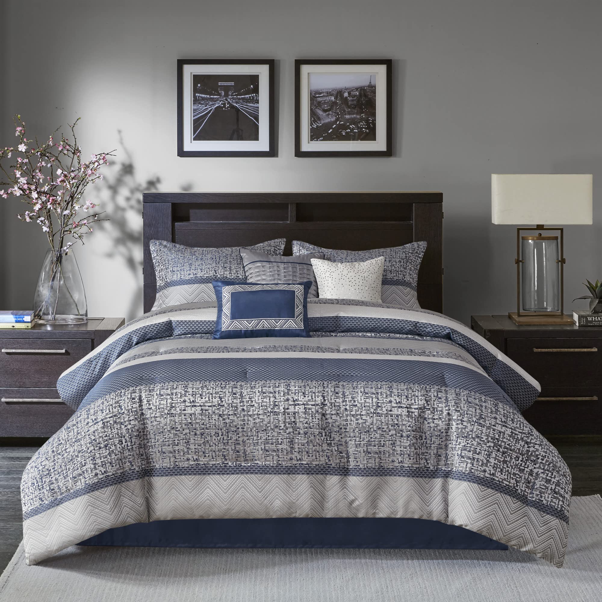 Madison Park Luxury Comforter Set-Traditional Jacquard Design All Season Down Alternative Bedding, Matching Bedskirt, Decorative Pillows, Queen(90"x90"), Rhapsody, Geometric Navy 7 Piece