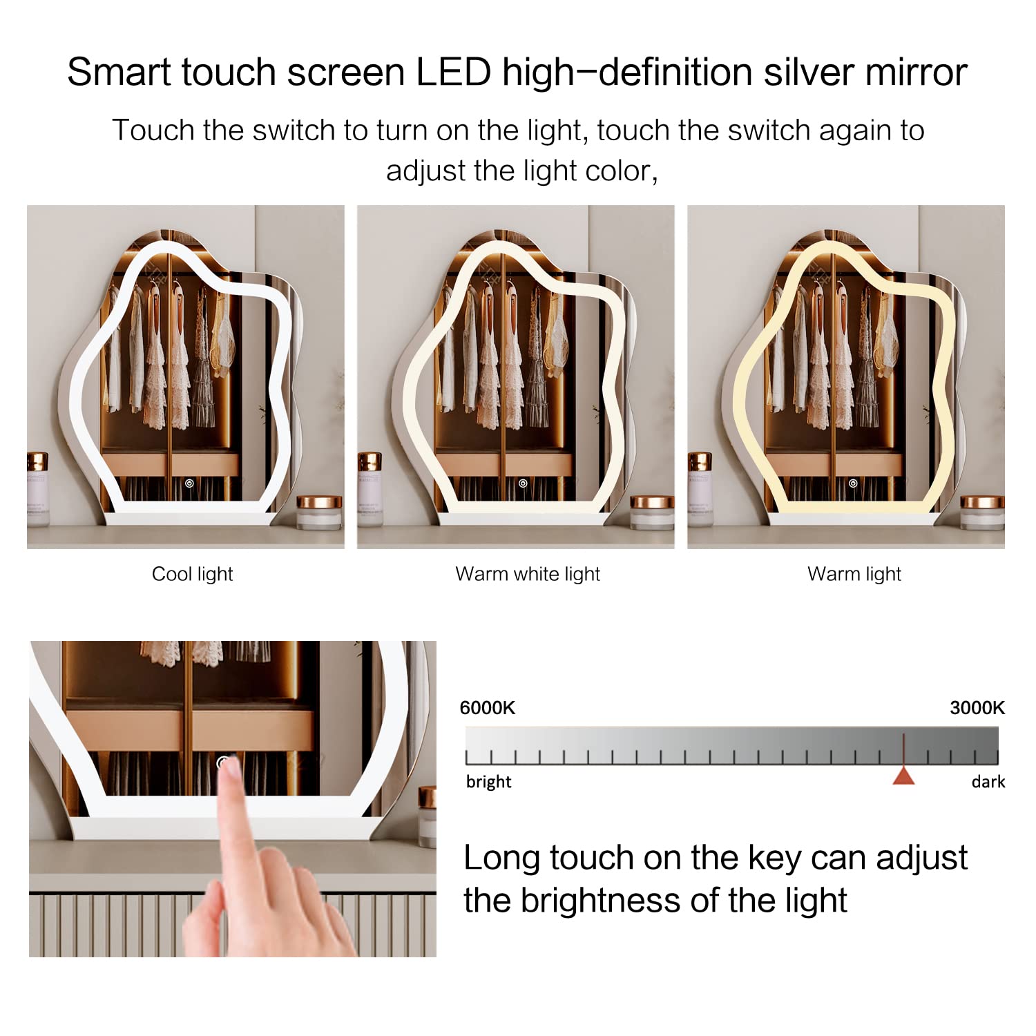 Ieejdn Vanity Desk with 3 Color Touch Screen Dimming Mirror, Modern Makeup Dressing Table with Adjustable Cabinet and 2 Sliding Drawers, Vanity Table Set for Makeup Room, Bedroom