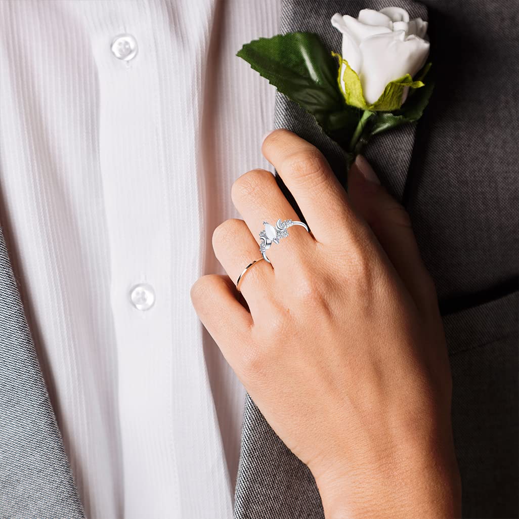 MYLYAHY White Opalite Stone Crescent Moon Ring for Women Girls,Dainty Tiny Cute Thin Minimalist Delicate S925 Sterling Silver Crystal Gemstone Ring Jewelry Gift for Her (Ring_A, 9)