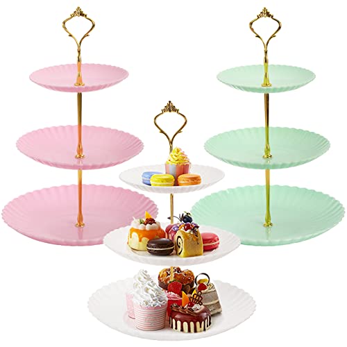 Tosnail 3 Pack 3 Tiers Plastic Cupcake Stand, Round Dessert Stand, Tiered Serving Trays with Gold Rod, Party Serving Trays, Fruit Pastry Holders for Wedding and Party - Assorted 3 Colors