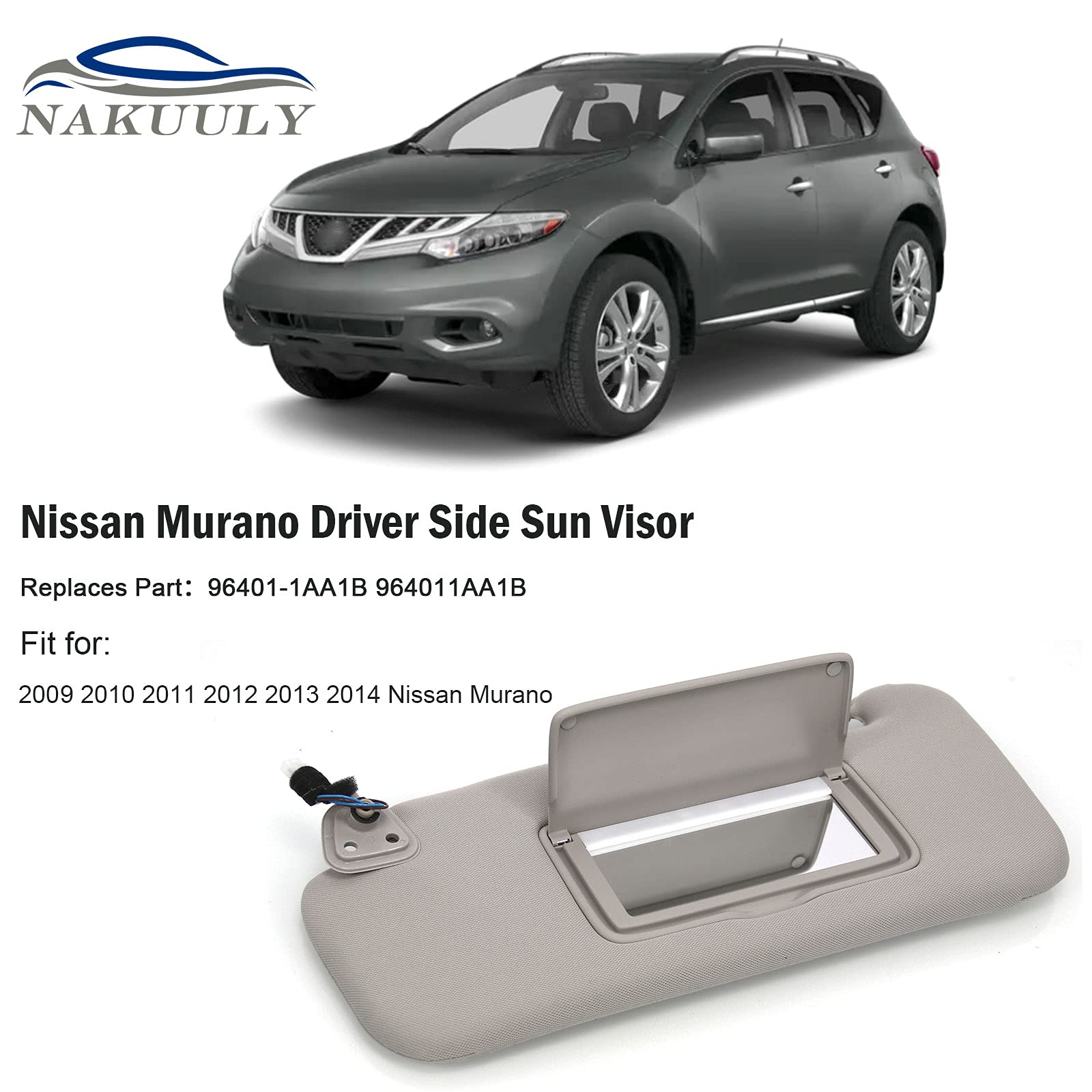 Nakuuly Left Driver Side Sun Visor with Light Compatible with 2009 2010 2011 2012 2013 2014 Nissan Murano Gray Sunvisor Replaces # 96401-1AA1B