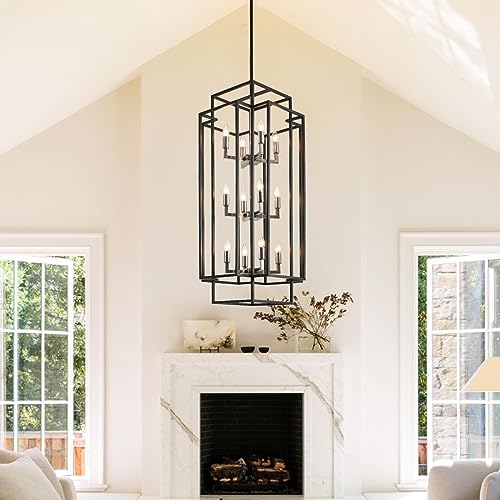 WJShome Silver 12 Lights Pendant Light, Metal Lantern Shape Island Light, Vintage Black Ceiling Light, Industrial Tiered Hanging Light Fixture for Living Room, Kitchen