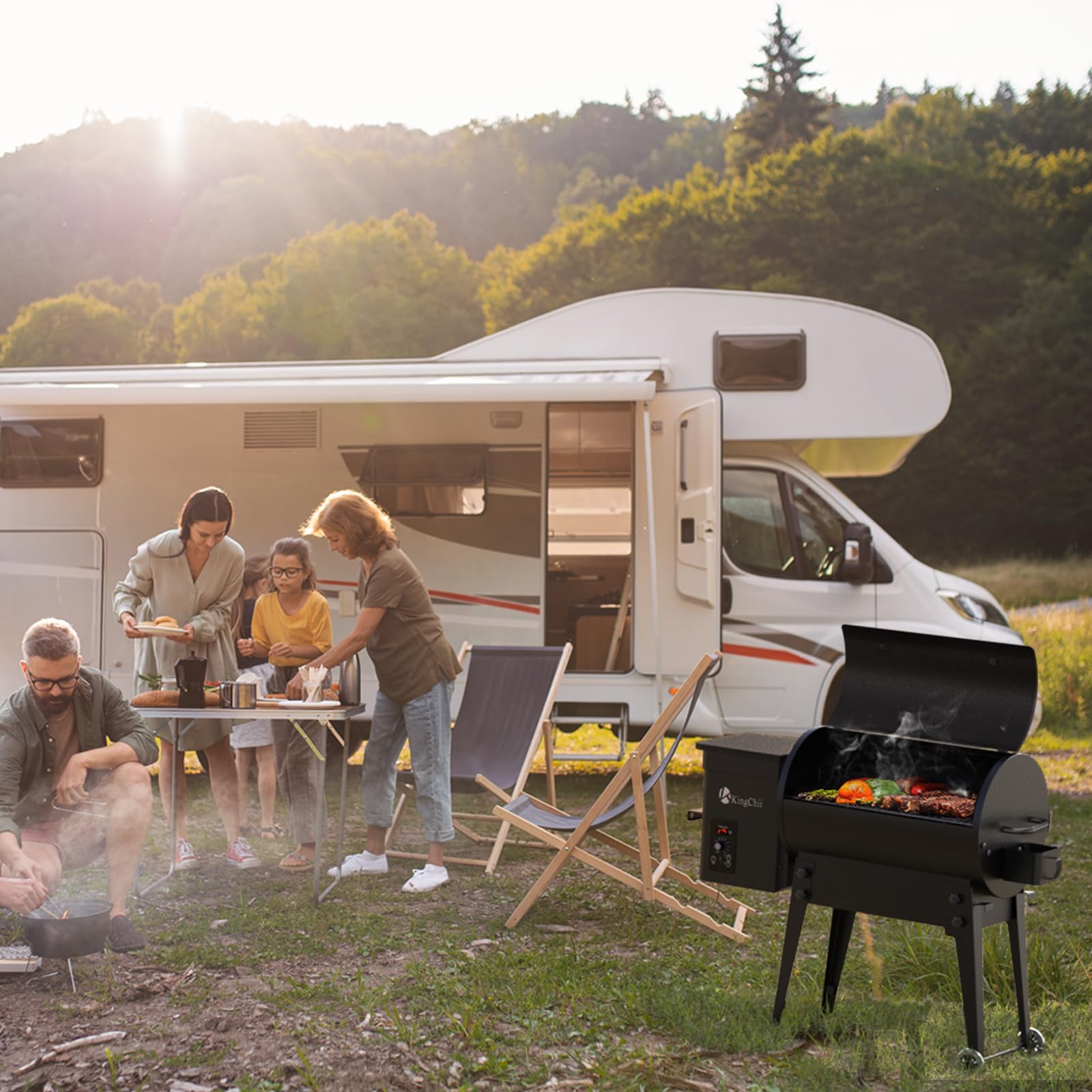 KingChii 2023 Upgrade Portable Wood Pellet Grill Multifunctional BBQ Grill with Automatic Temperature Control Foldable Leg for Backyard Camping Cooking Bake and Roast, 456 sq in Bronze