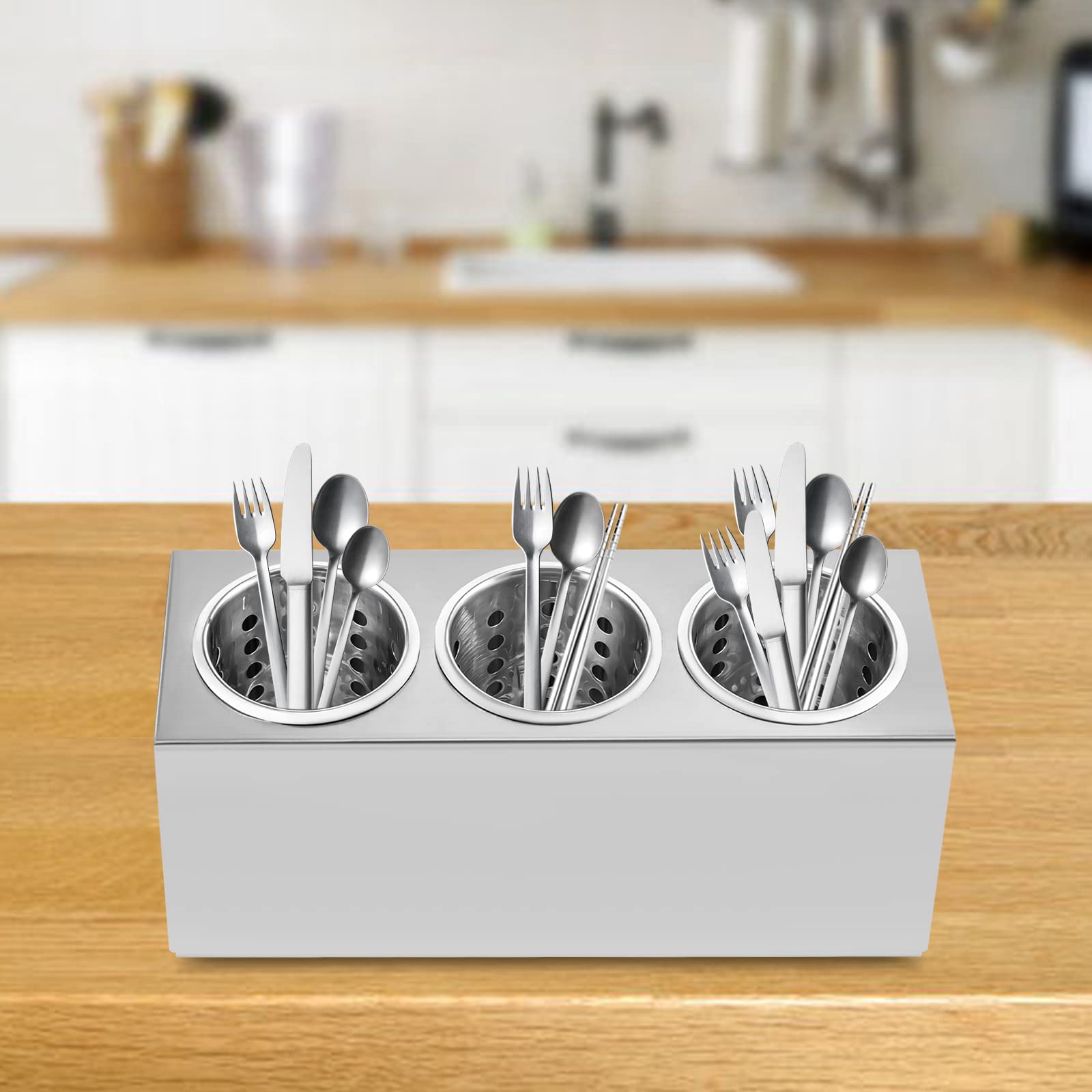 KOLHGNSE 3 Pack Compartment Utensil Holder, Stainless Steel Cylinder Flatware Silverware Organizer Caddy for Spoons, Knives and Forks, Great for Kitchen Cabinet