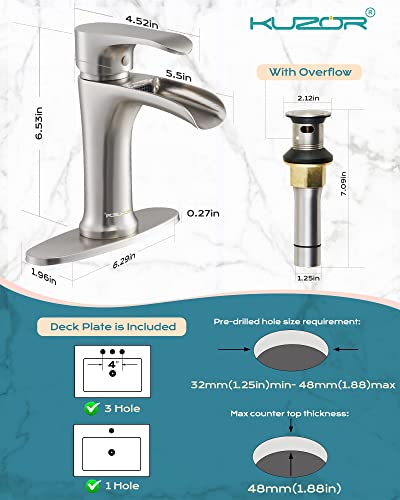 KUZOR Single Hole Bathroom Faucets Brushed Nickel, Waterfall One Hole Bathroom Faucet with Metal Pop Up Drain, Solid Brass Faucet for Bathroom Sink, Brush Nickel