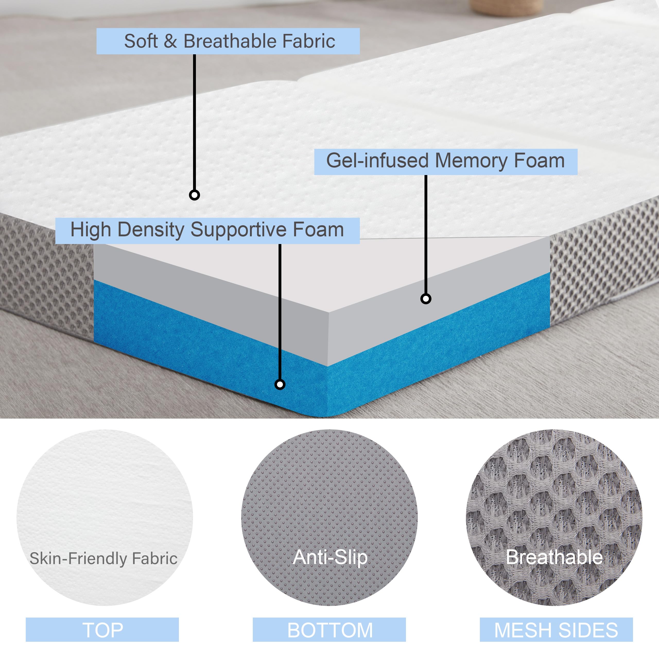 Kingfun Folding Mattress, 3 inch Tri-fold Memory Foam Mattress Topper with Washable Cover,Folding Mattress CertiPUR-US Certified, Play Mat, Foldable Bed, Guest beds, Camp Portable Bed,single