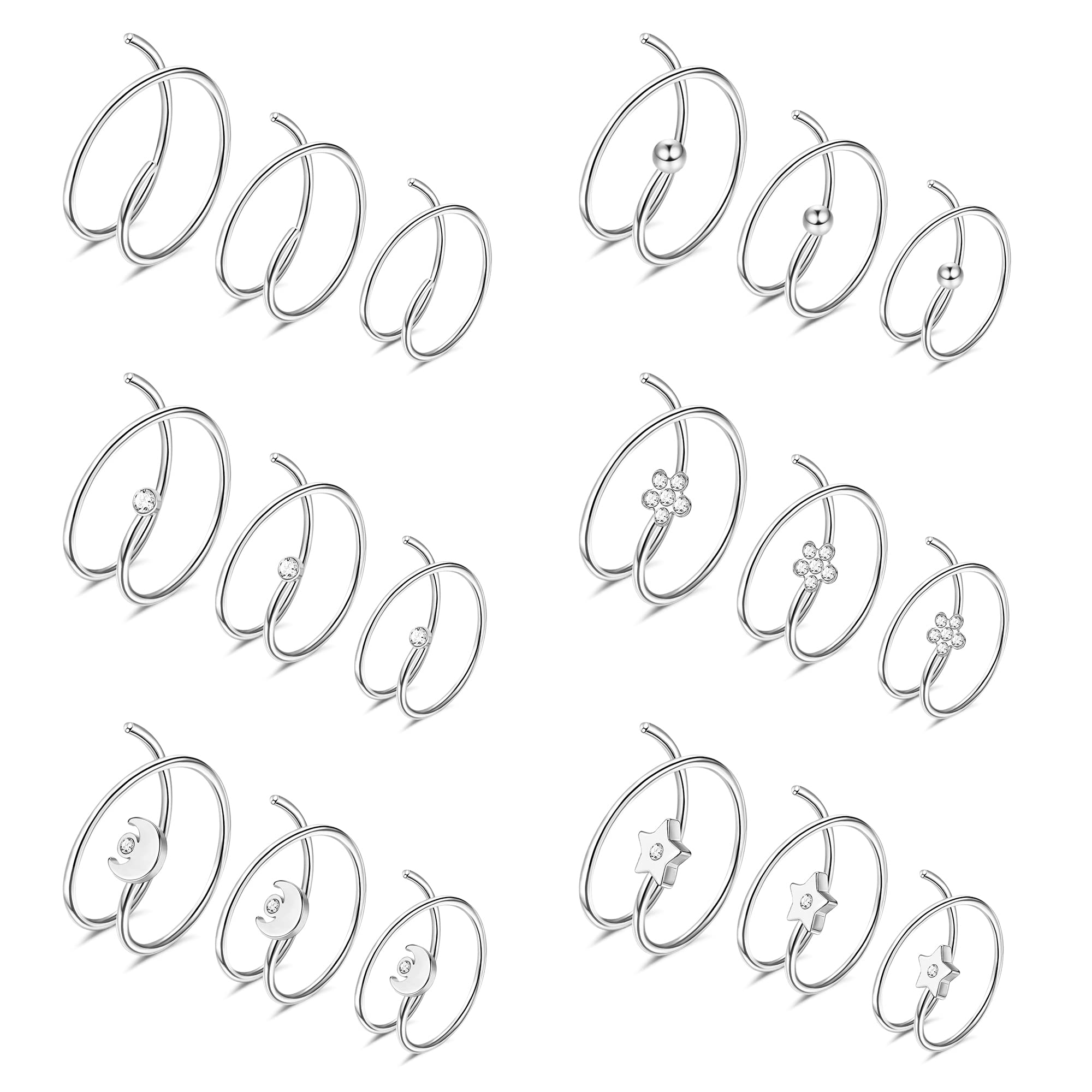 LOLIAS 18Pcs Double Nose Ring for Single Piercing Double Nose Ring Hoop Double Loop Nose Ring Spiral Nose Rings for Women Men Silver