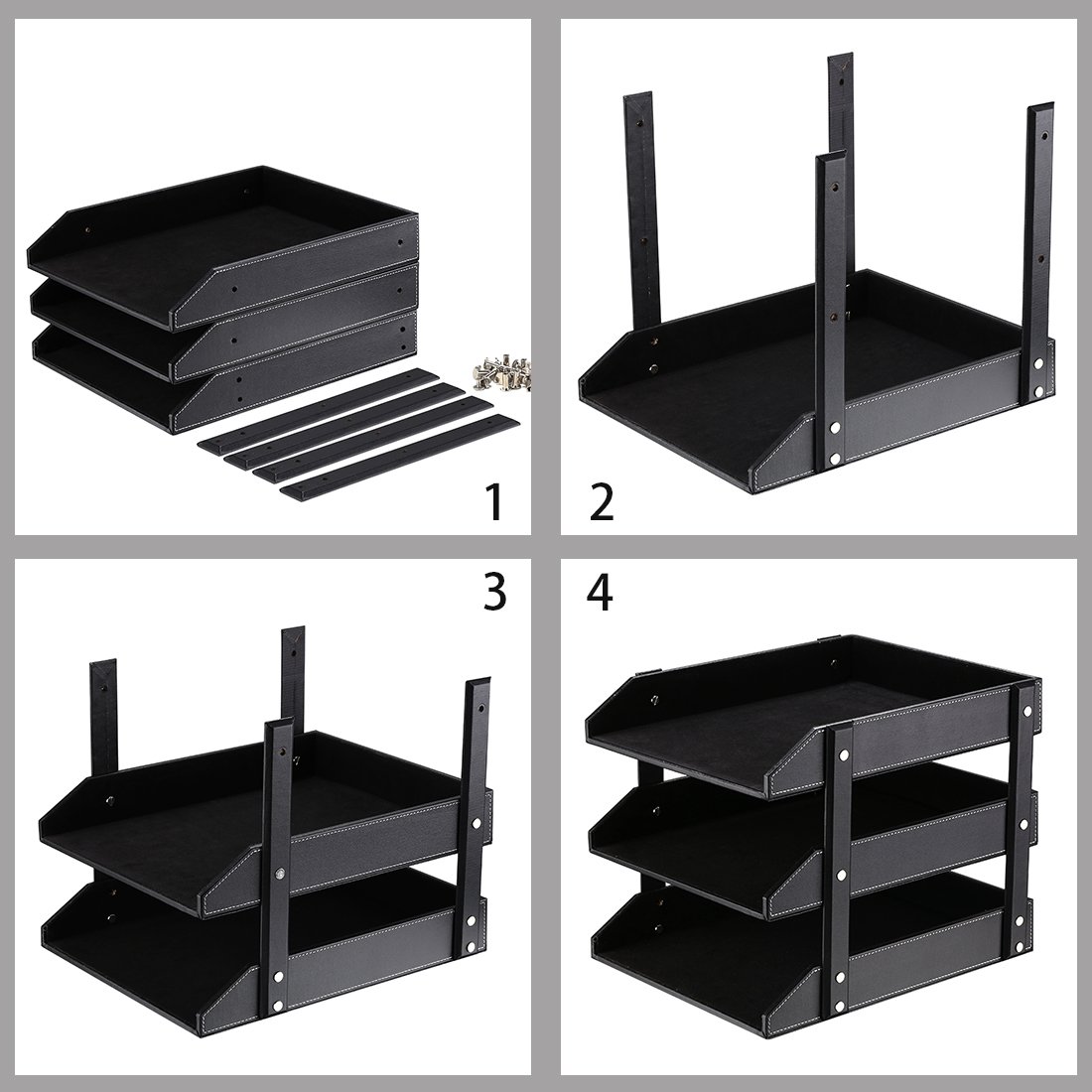 Leather Desk Organizer, Thipoten 3-Tier Stackable Letter Tray Holder for Office Supplies, Paper, File, Magazine, Perfect Office Organization for Desktop (Black-3Tiers)