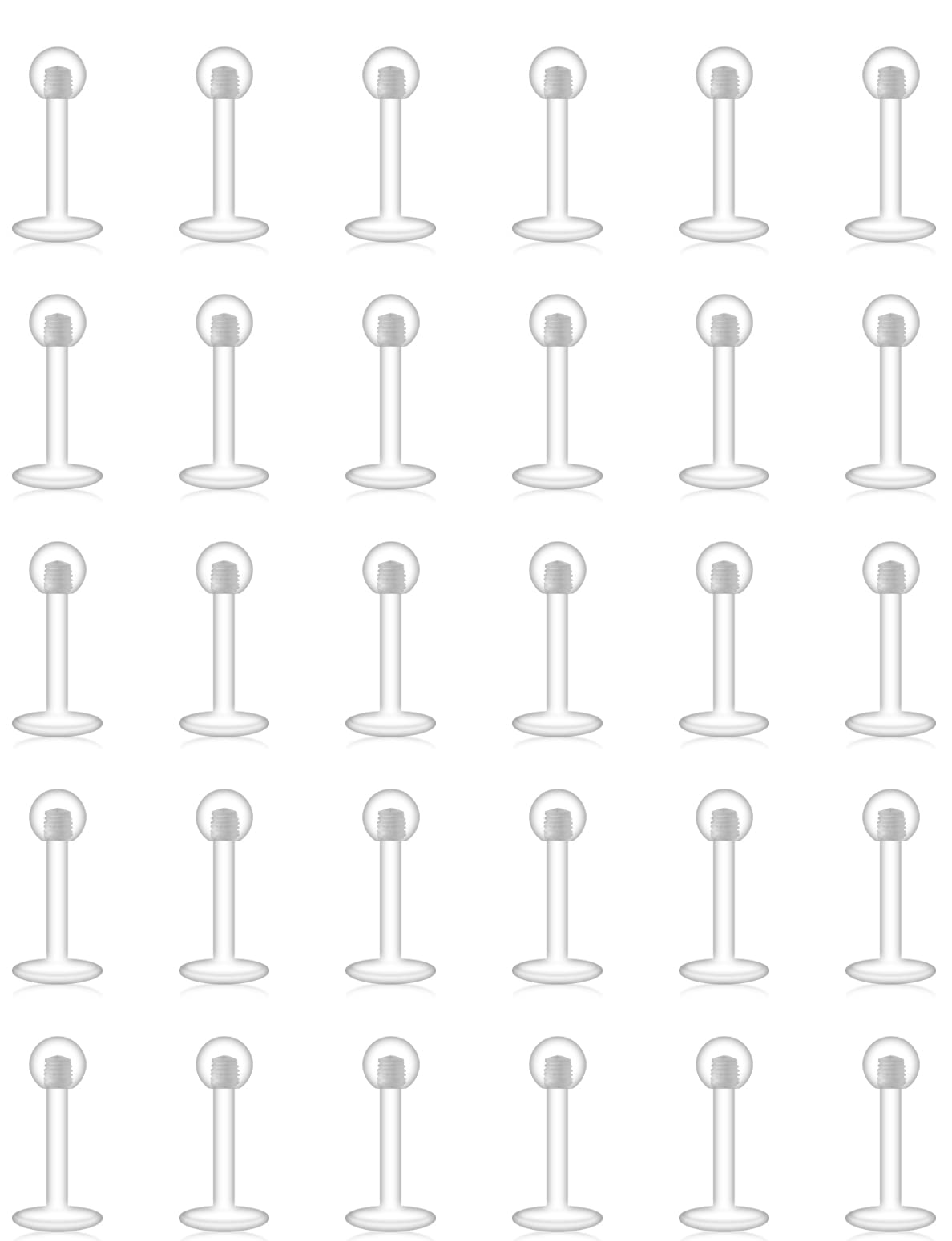Lcolyoli 30PCS 16G Clear Acrylic Lip Rings Monroe Labret Studs Piercing Jewelry Bioflex Flexible Ear Tragus Helix Earring Retainer 8mm Bar Length 3mm Screw Ball Flat Back for Women Men Girls Work