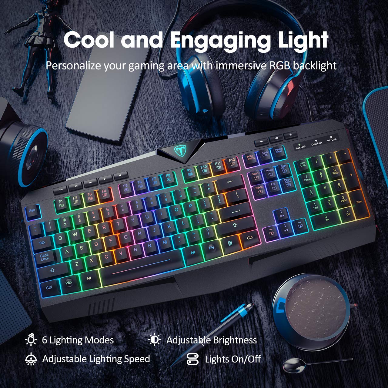 Membrane Gaming Keyboard, YoChic Rainbow LED Backlit Quiet USB Wired 104 Silent Keys, Crater Architecture, 25 Anti-Ghosting Spill-Resistant Computer Keyboard for Desktop, Computer, PC, Black