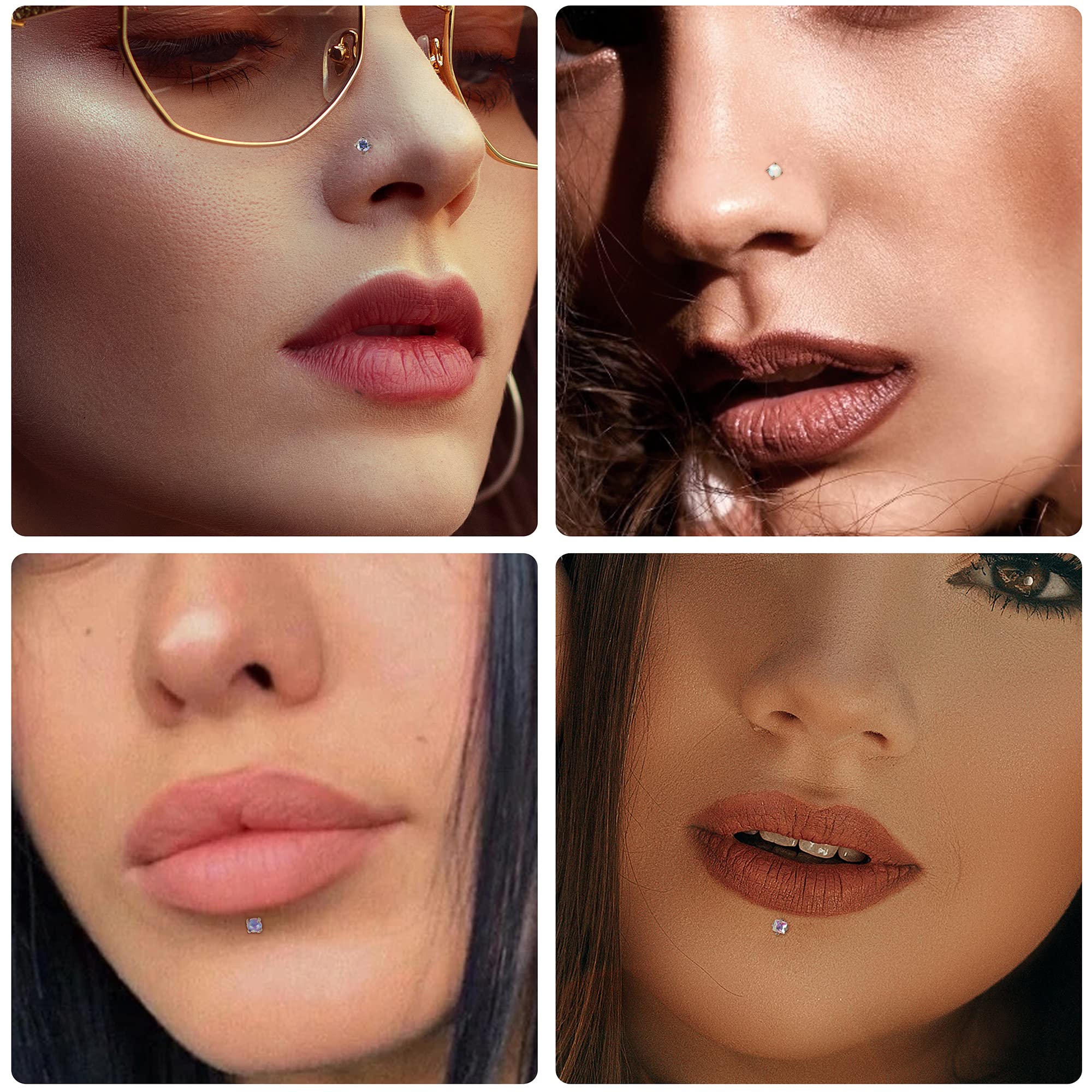 LOLIAS 20G Titanium Nose Ring Straight Nose Rings for Women Men 2mm Micro CZ Opal Nose Studs Nostrial Piercing Jewelry 9PCS