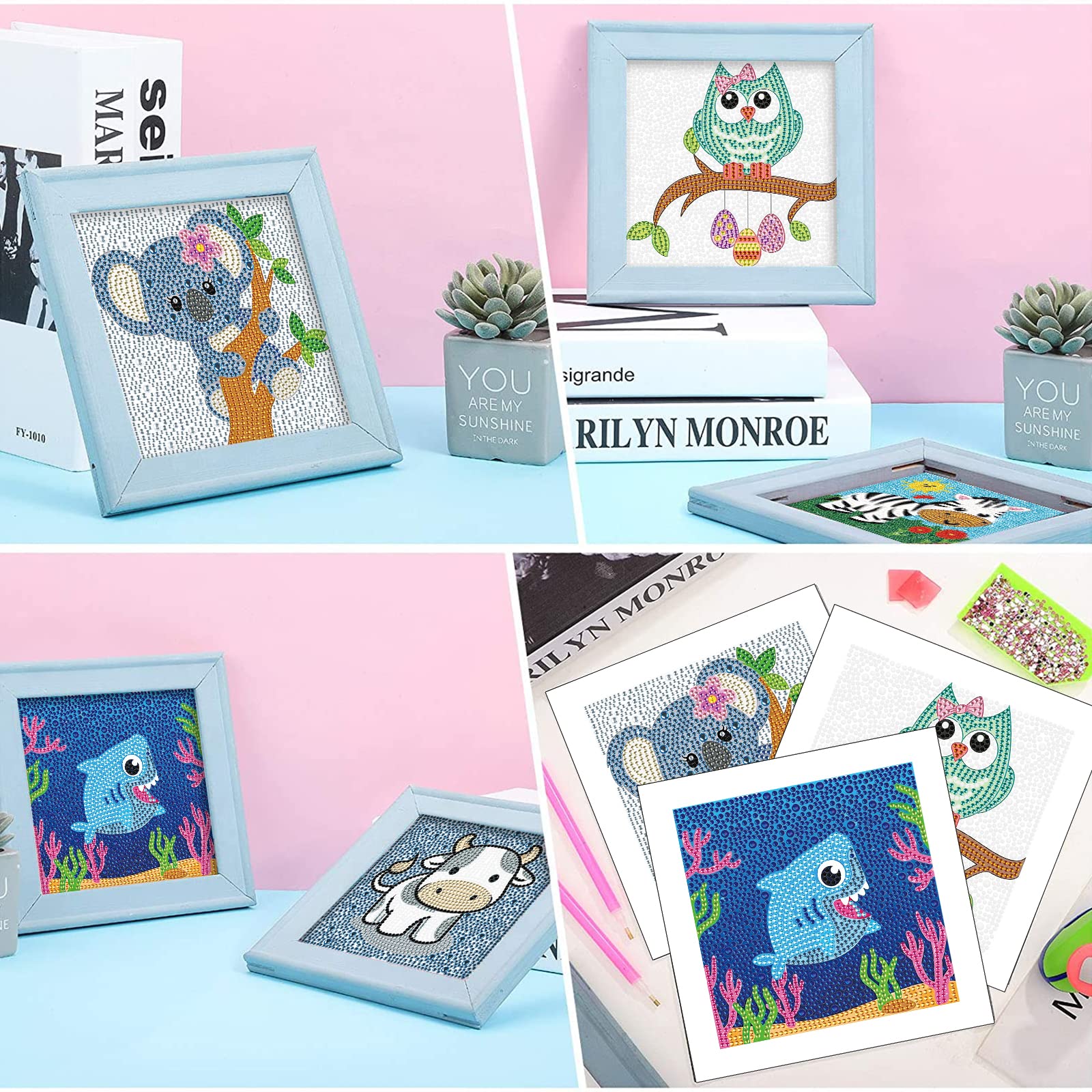 MVVMTOP 16 Pack Diamond Painting Kit for Beginner Gem Art Kits Paint by Number Holiday Crafts Supplies Gifts for Wall ,Tabletop(6''X6'',Cute Mini Animal)