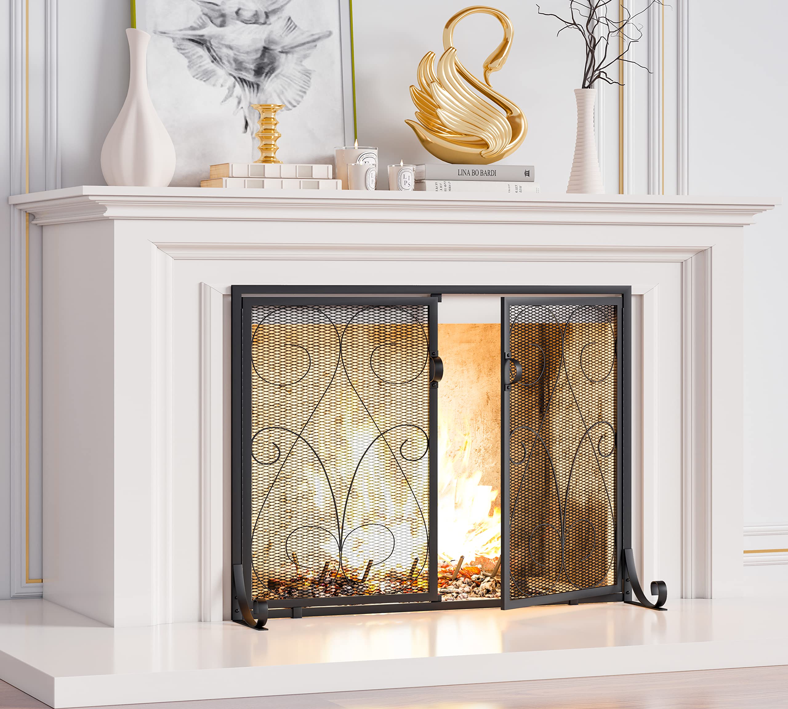 Kingson 2-Panel Fireplace Screen with Doors Handcrafted Wrought Iron Decorative Mesh, Symmetric Scroll Fire Spark Guard-Black