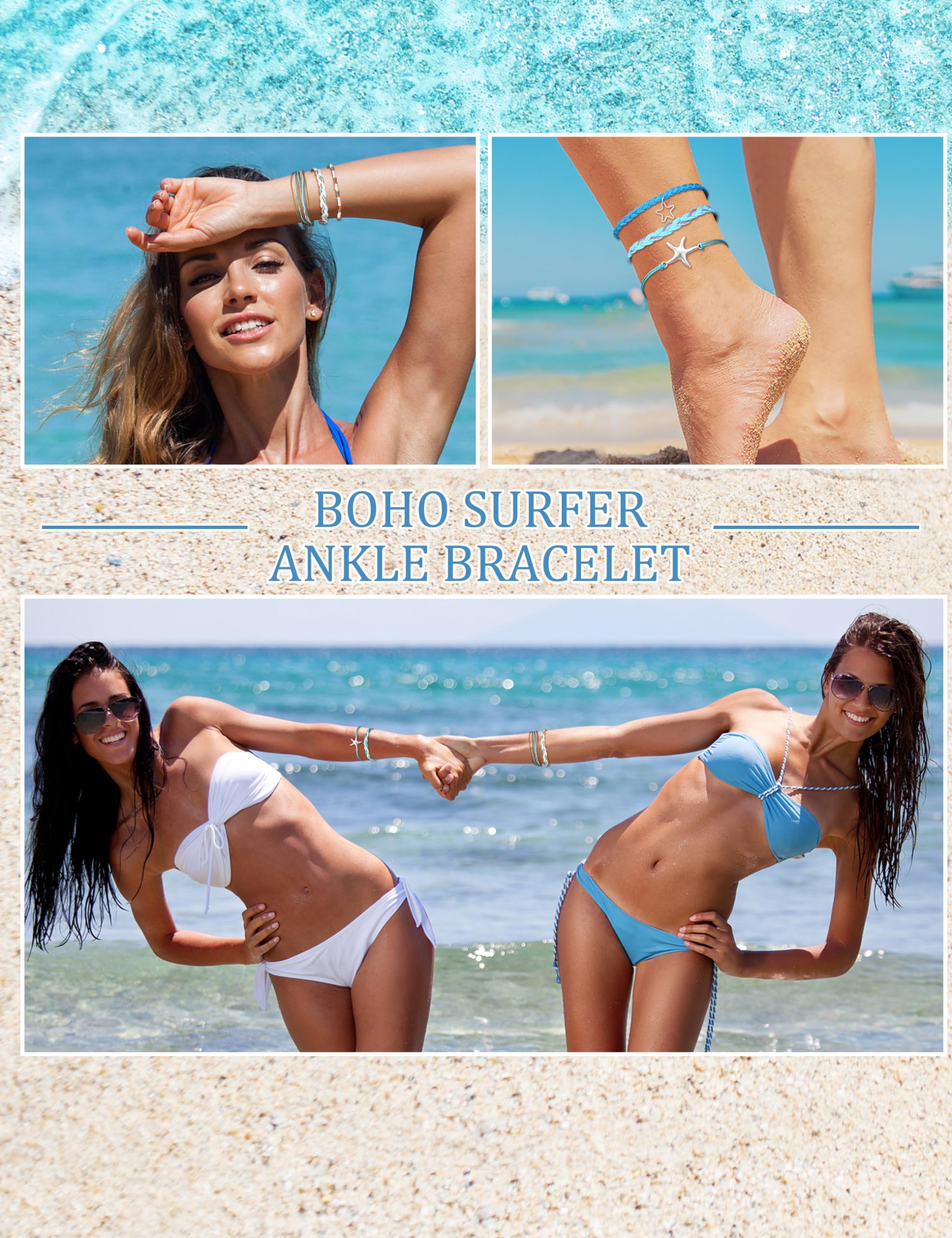 LOLIAS 24 Pieces Waterproof String Bracelets for Women Surfer Wave Boho Bracelet Adjustable Handmade Friendship Bracelet String Ocean Beach Boho Bracelets Anklets for Women Ocean
