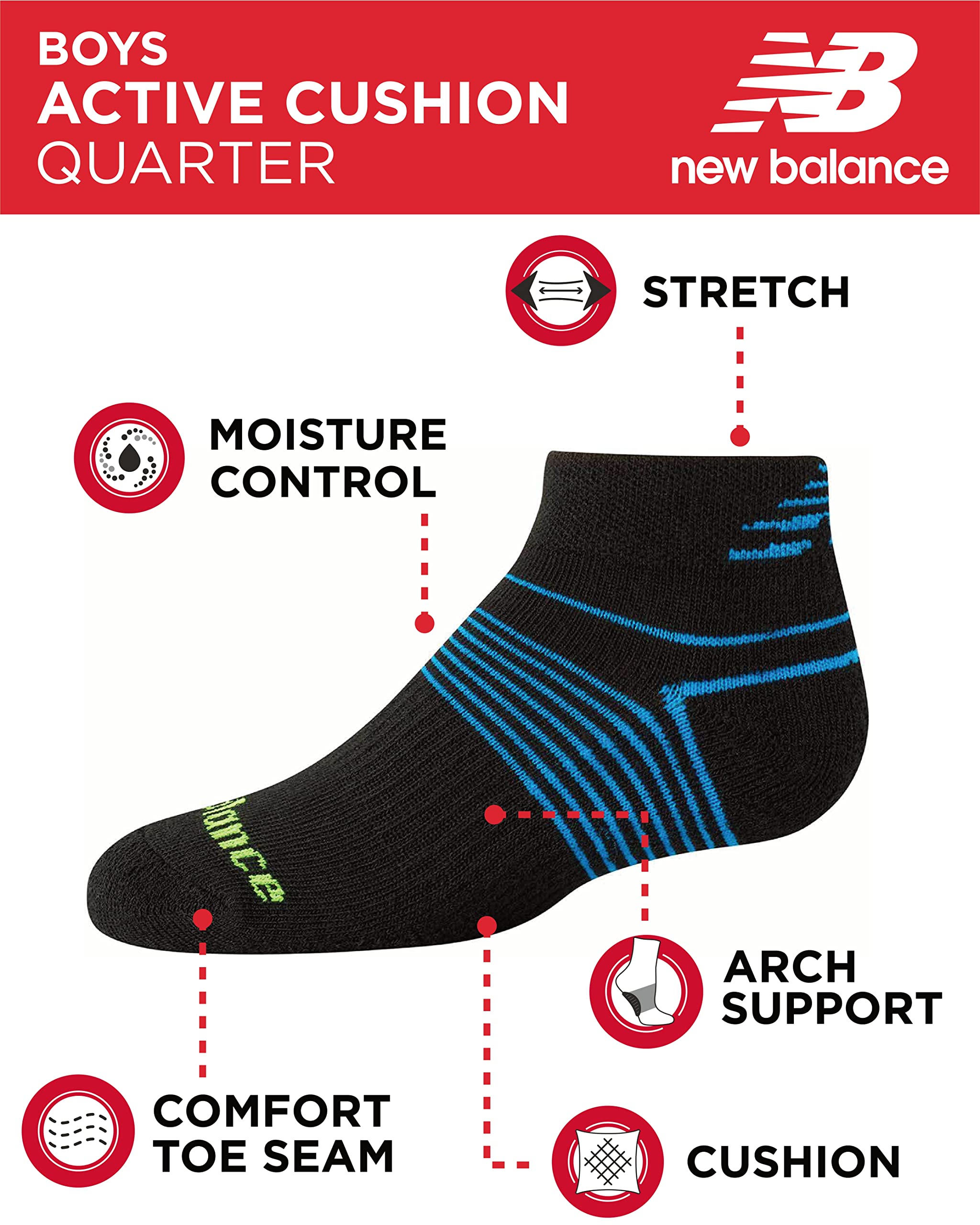 New Balance Boys' Quarter Socks - 8 Pack Performance Cushion Comfort Socks - Athletic Quarter Socks for Boys (4-12), Size Large, All White