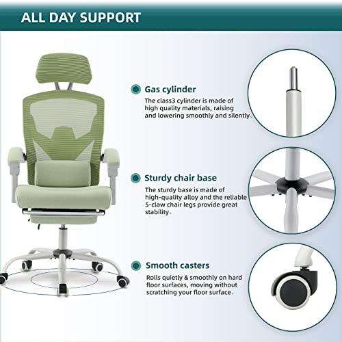Sweetcrispy Swivel Rolling Padded Armrests Headrest, High Back Lumbar Pillow and Retractable Footrest Ergonomic Home Office, Height Adjustable Reclining Mesh Chair, Green