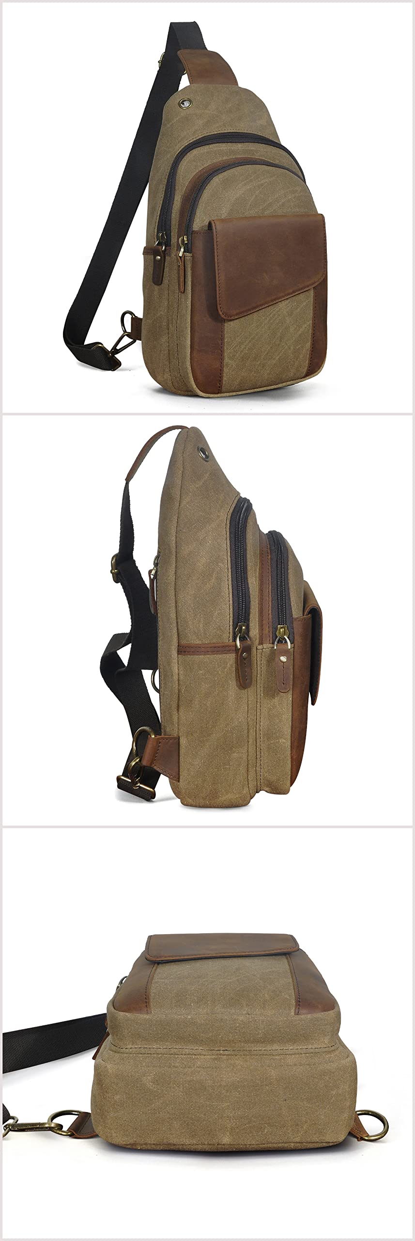 Le'aokuu Men Canvas And Genuine Leather Outdoor Casual Travel Hiking Waterproof Crossbody Chest Sling Bag Shoulder Strap Backpack 8013 (0 Brown)