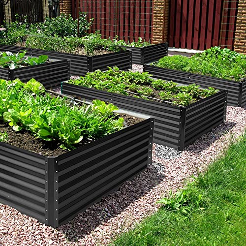 YITAHOME 8x4x2ft Outdoor Raised Garden Bed Kit, Large Stainless Steel Metal Patio Planter Box with 2 Ground Nails, 3 Support Rod, and Safe Edge Curling Design for Plants Vegetables Flowers Fruit,Black