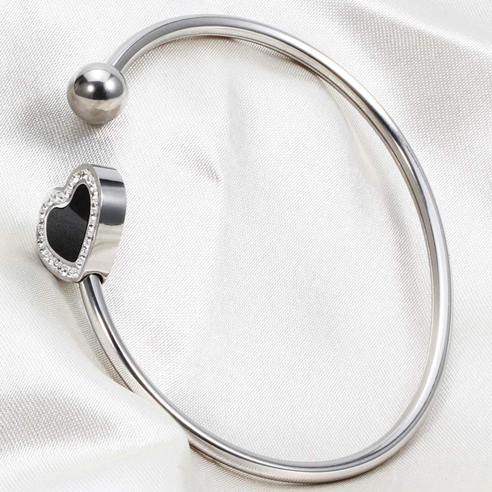 Jude Jewelers Stainless Steel Open Cuff Black Enamel Heart Bangle Bracelet (Silver)