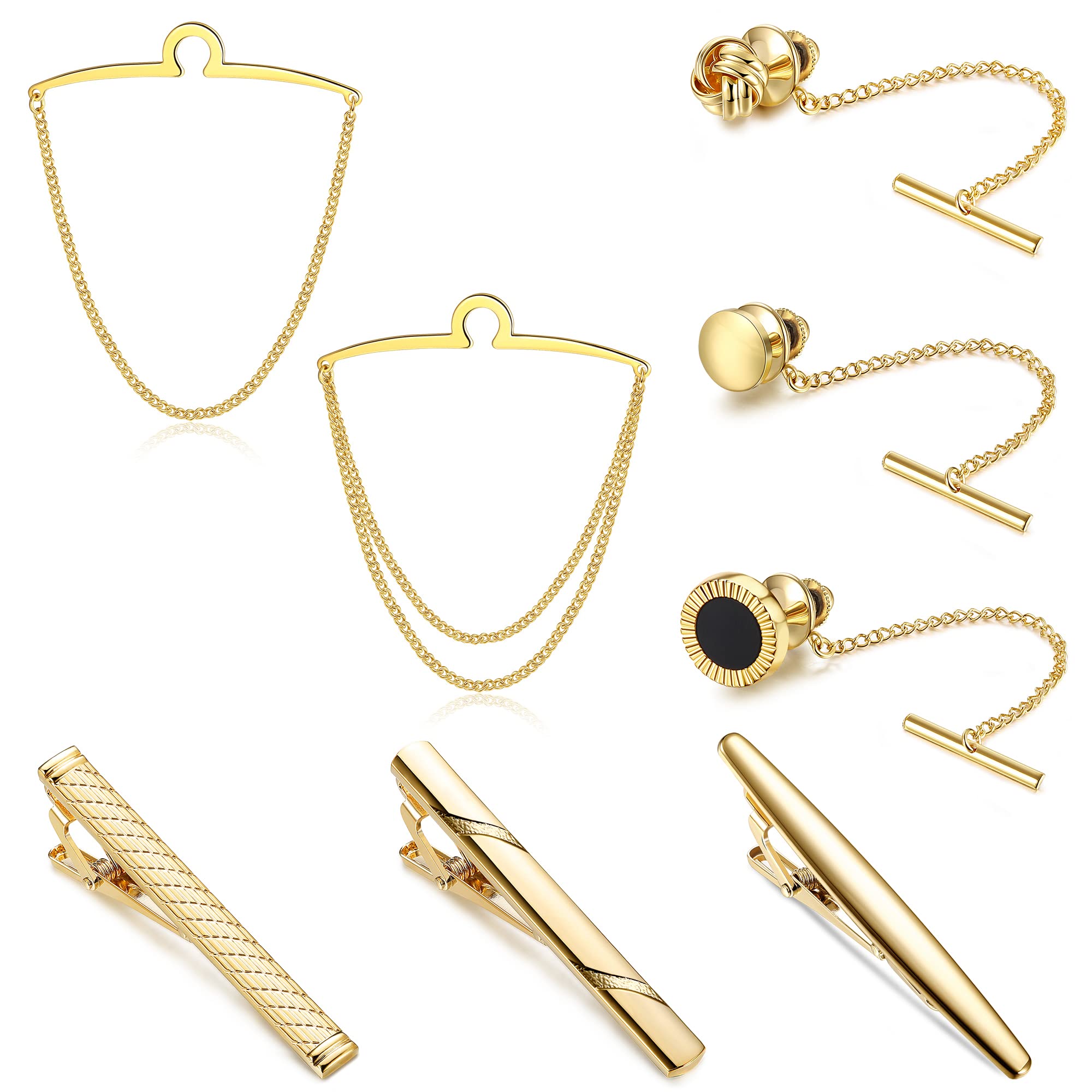 LOLIAS Tie Clips for Men Gold Tie Pin Tie Tack for Regular Ties 8Pcs Multiple Styles Classic Tie Clasps Necktie Wedding Meeting Business Clips with Gift Box