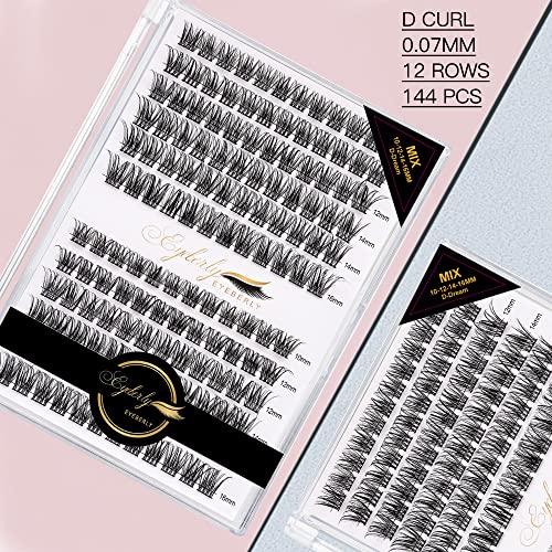 Lash Clusters 144pcs D Curl Individual Lashes DIY Eyelash Extensions, Eyeberly LASH 10/12/14/16mm Mix Length Cluster Lashes Natural Look Lash Extensions DIY Wispy Lashes at Home(Dream)