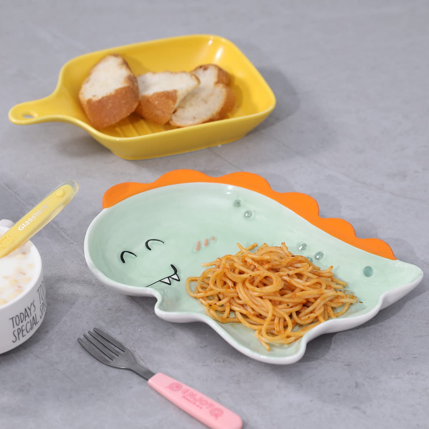 MyGift Fun Adorable Dinosaur Shaped Ceramic Plate, Cute Turquoise Cartoon Stegosaurus with Orange Spine, Small Serving Happy Dino Platter Snack Tray