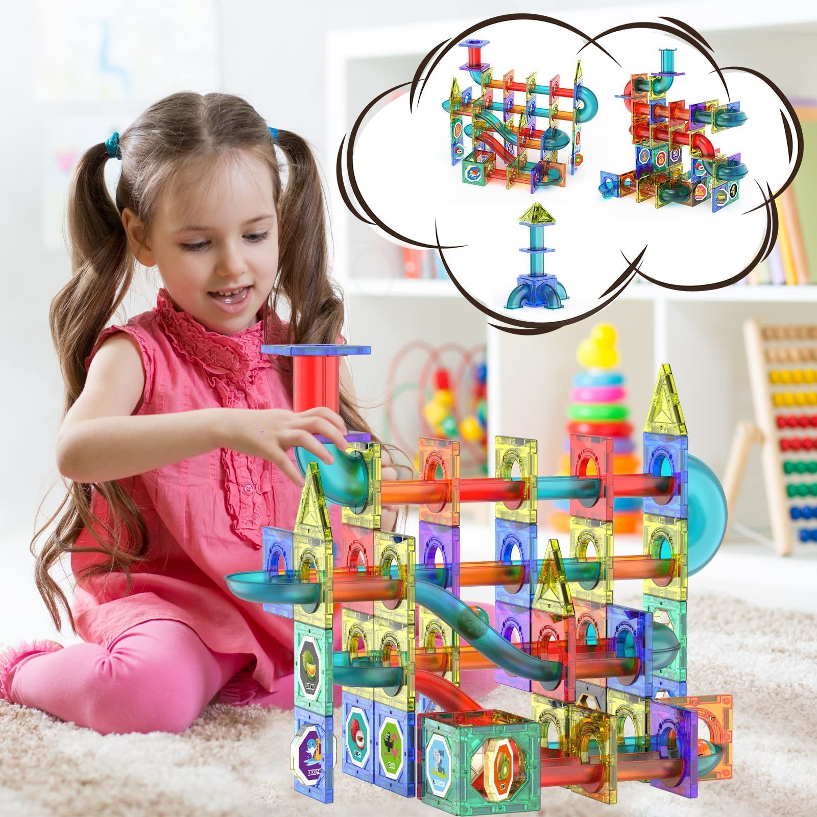 Nuseiis Magnetic Tiles, 132 PCS Marble Run, Magnetic Balls Marble Run Building Blocks for Kids, 3D Stem Learning Education Toys for Age 3 4 5 6 7 8+ Years Old