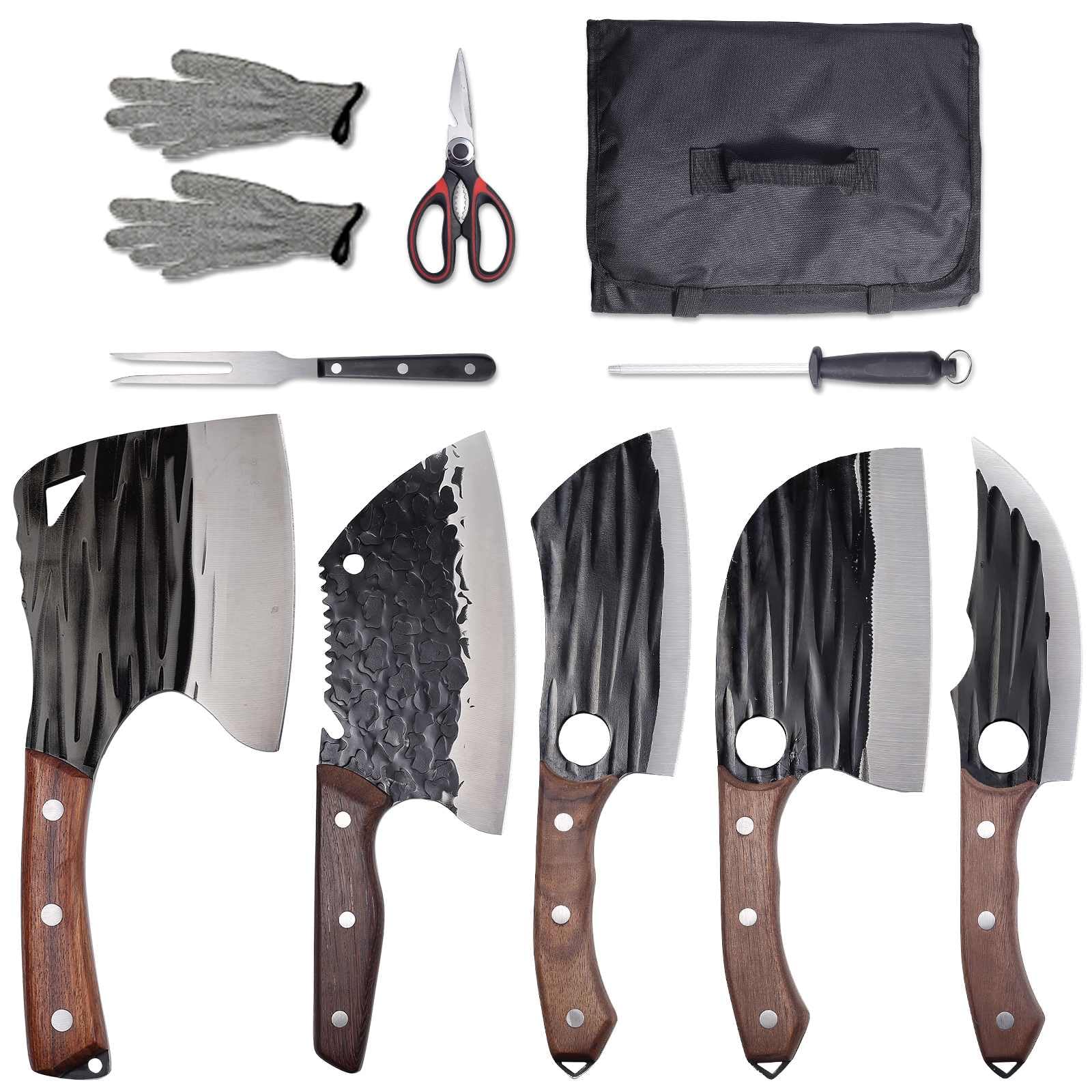 Xnarlath Butcher Chef Knife Set with Bag,High Carbon Steel Meat Cleaver for Meat Cutting Processing,Heavy Duty Bone Chopper Hand Forged Butcher Knives,Outdoor BBQ Camping Knife (5 butcher knife set)