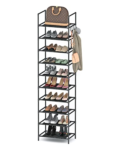 Wodeer Shoe Rack,10 Tiers Tall Free Standing Shoe Racks,Narrow Shoe Storage 20-24 Pairs Shoes, Space-Saving Shoe Shelf Organizer for Closet,Entryway,Metal Frame&Non-Woven Shelves,Black.