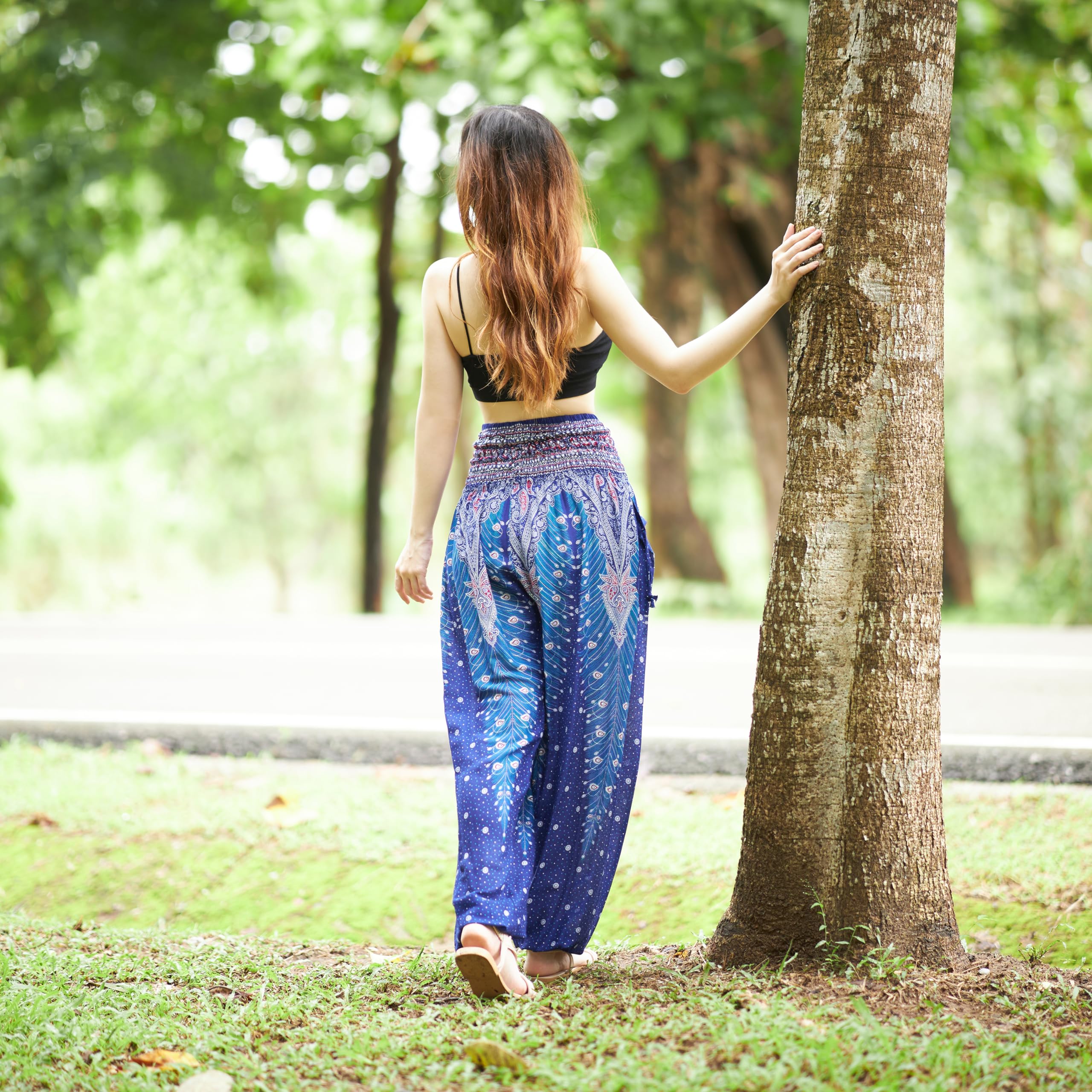Lannaclothesdesign Women's Smocked Waist Boho Flowy Yoga Harem Pants Hippie Clothes (L, Blue)