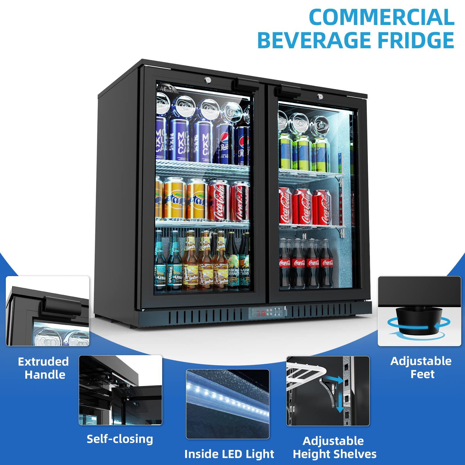JAECOOL Back Bar Cooler Commercial Counter Height Refrigerator with 2 Glass Door,7.0 cu ft Beverage Cooler Undercounter Refrigerator, Commercial Display Fridge,Auto-defrost,Eco-friendly Compressor,ETL