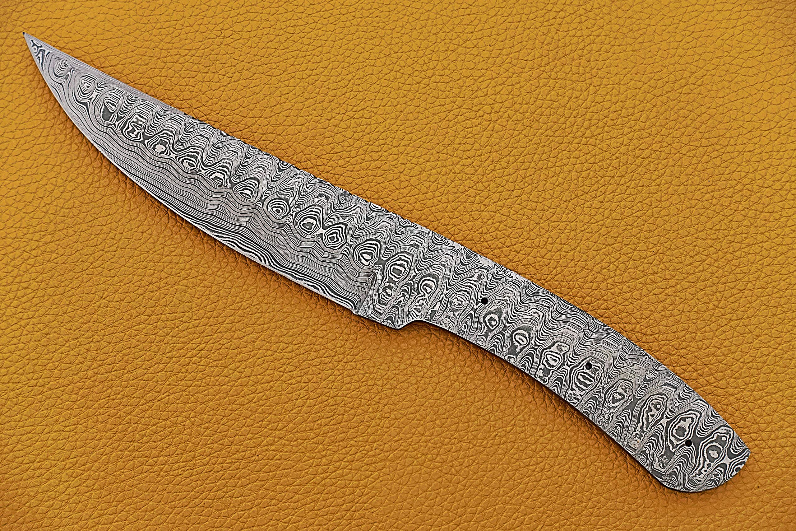 Knife Making, Damascus Steel Blank Blade 11 inches Long Hand Forged Trailing Point Skinning Knife, Hunting Knife with 3 Pin Hole, 6 inches Cutting Edge, 4.5" Scale Space