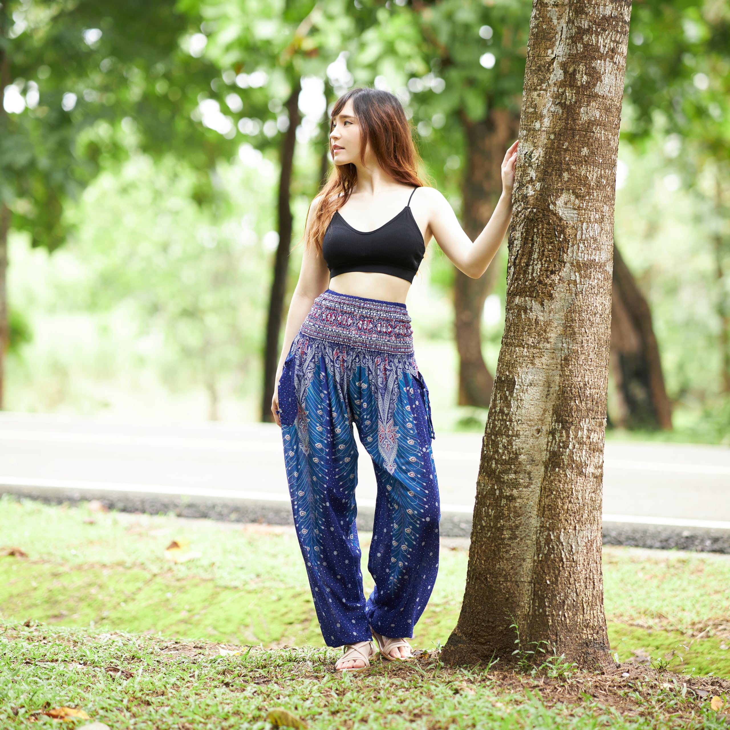 Lannaclothesdesign Women's Smocked Waist Boho Flowy Yoga Harem Pants Hippie Clothes (L, Blue)