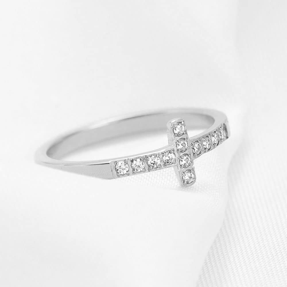 MYNENEY 14K Gold/Silver Plated Wedding Bands for Her Cubic Zirconia Eternity Stackable Engagement Ring for Women Size 4-10 (2MM Cross Silver, 7)